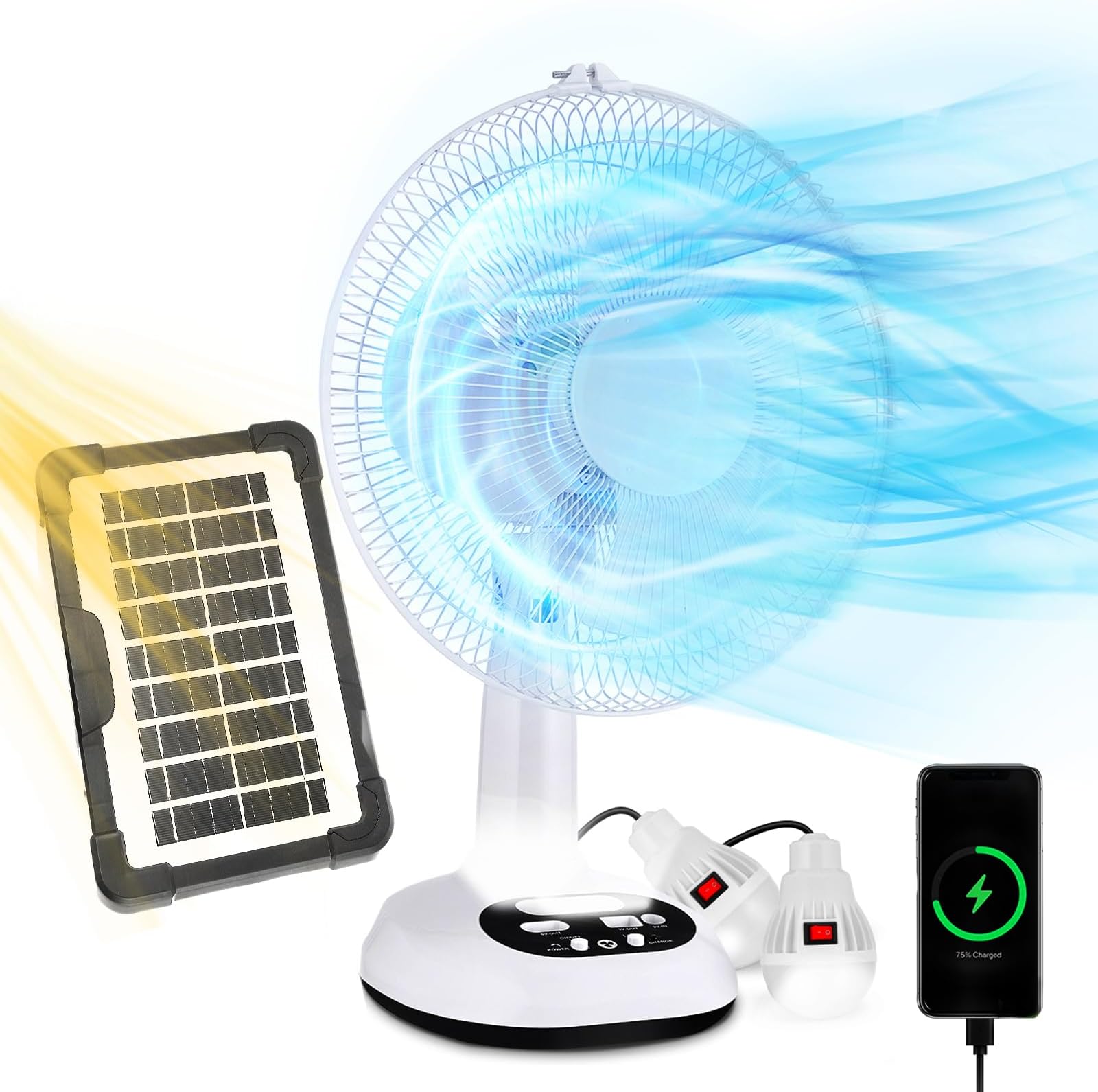 Ventilador de Escritorio, Ventilador Solar con 2 Bombillas, Ventilador ...