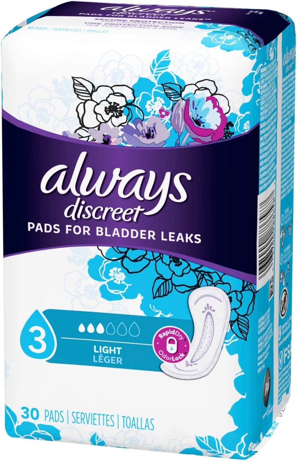 Amazon.com: Always Discreet, Incontinence Light Pads, 3 Drops, 30 Pads ...