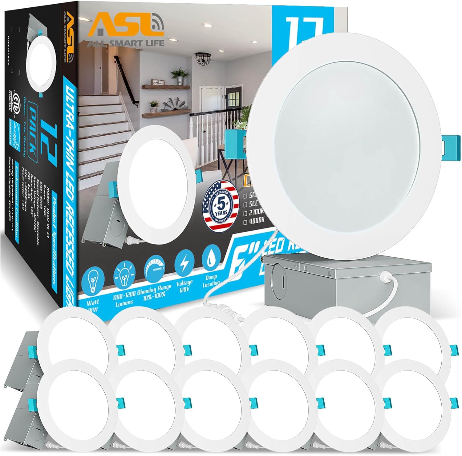 Allsmartlife 12-Pack 6 Inch LED Recessed Light, 5000K 14W=150W 1200LM ...