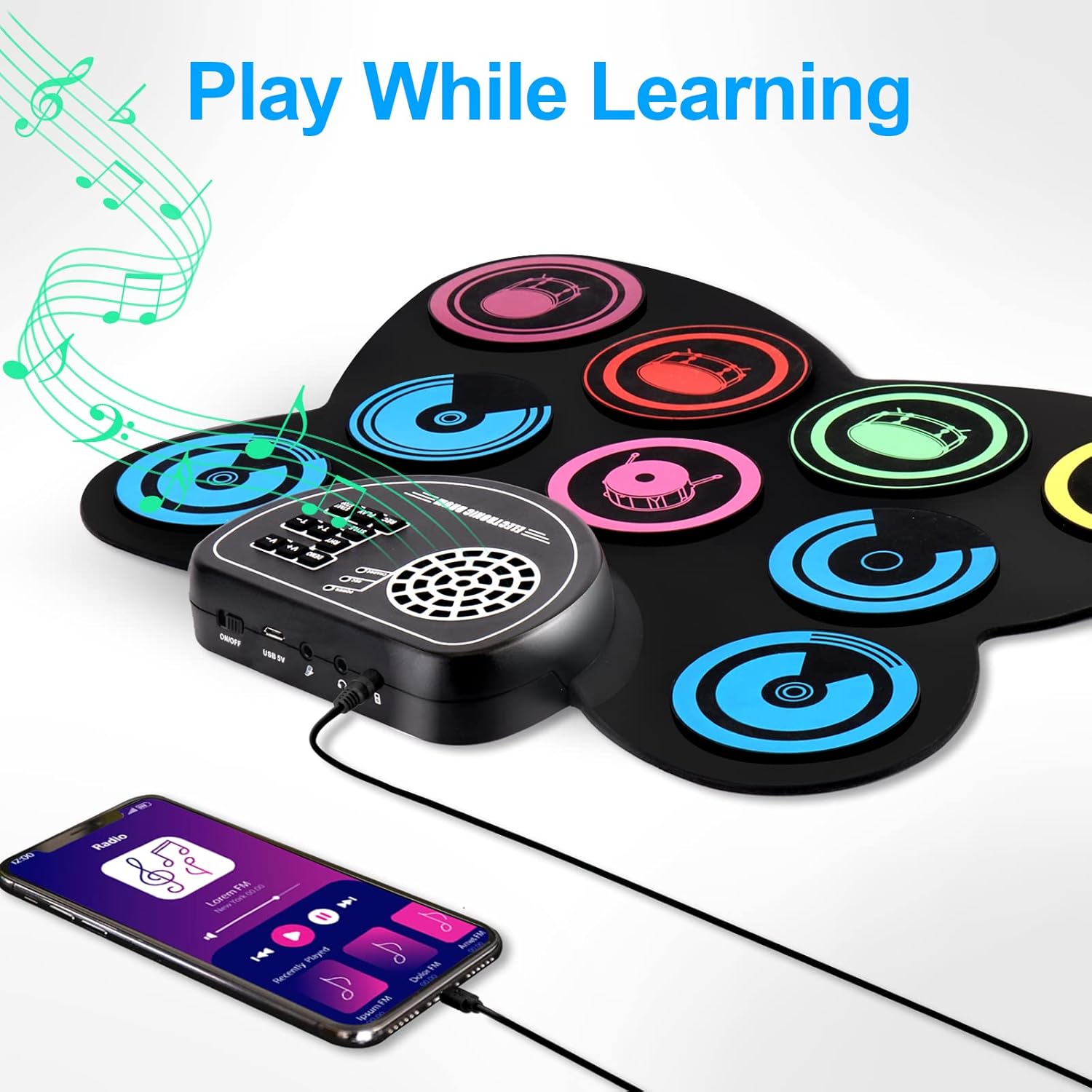 Electronic Drum Set, 9 Drum Practice Pad with Headphone Jack, Roll-up ...