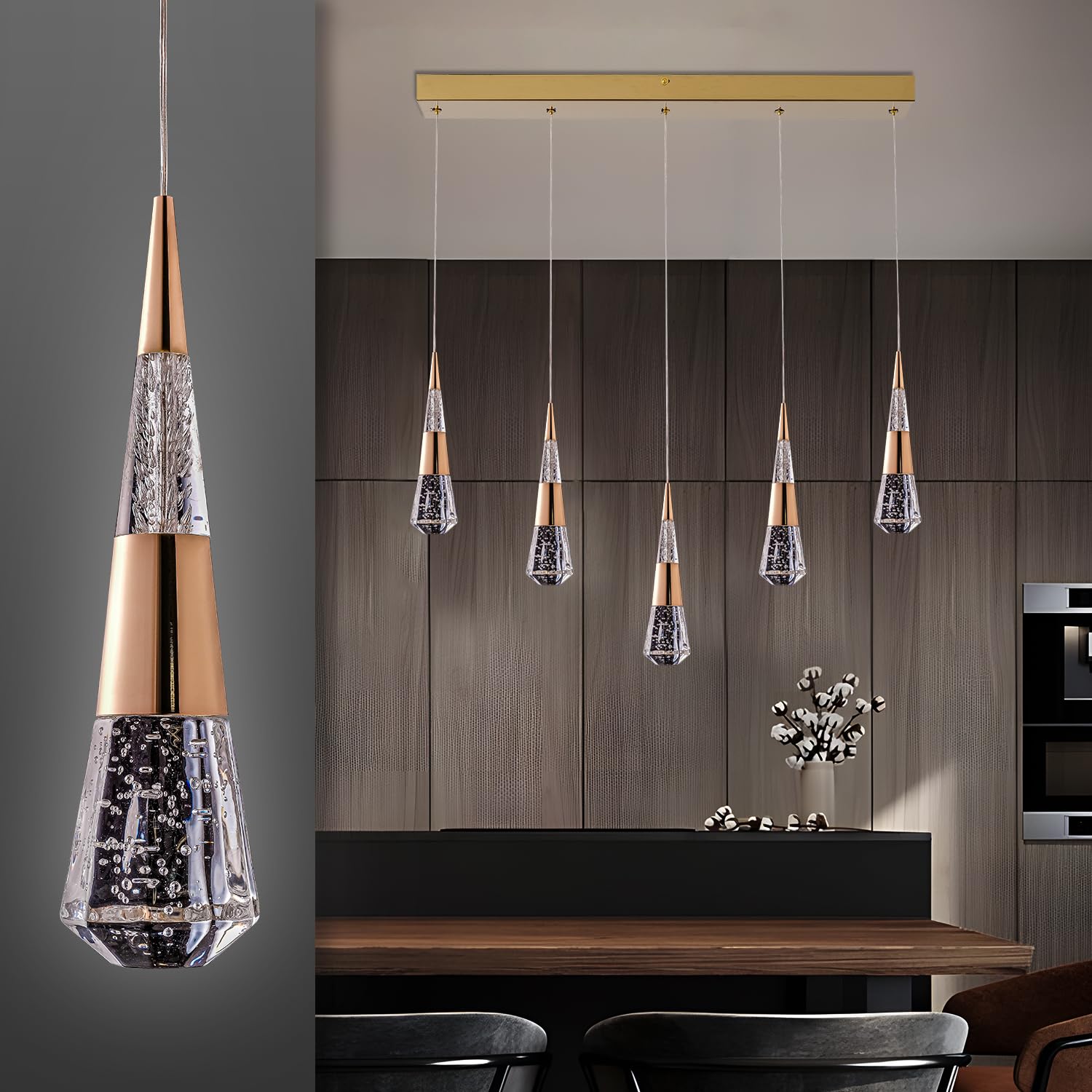 SHIANDAR 5-Light Pendant Light Kitchen Island, Dimmable Gold Pendant ...