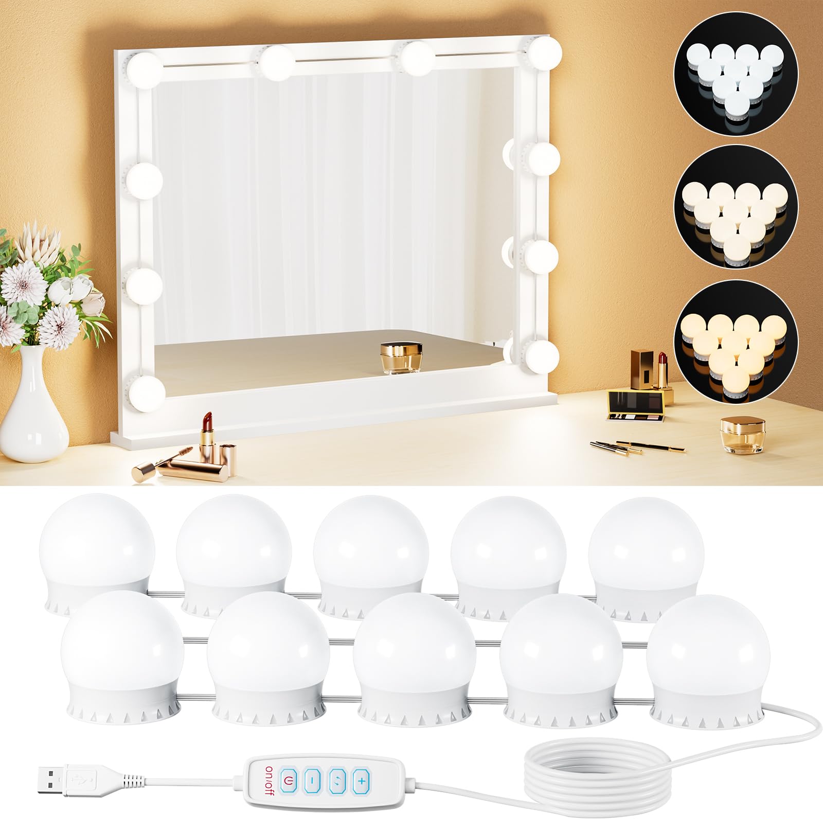 Yarnock 10 Bulbs LED Vanity Lights for Mirror, 3-Color & 10-Brightness ...