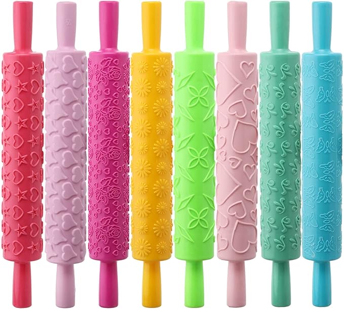 8 Pcs Cake Decorating Embossed Rolling Pins, Plastic Roller Pin ...