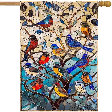 Amazon.com : Spring Birds House Flag 28x40 Double Sided Stained Glass ...