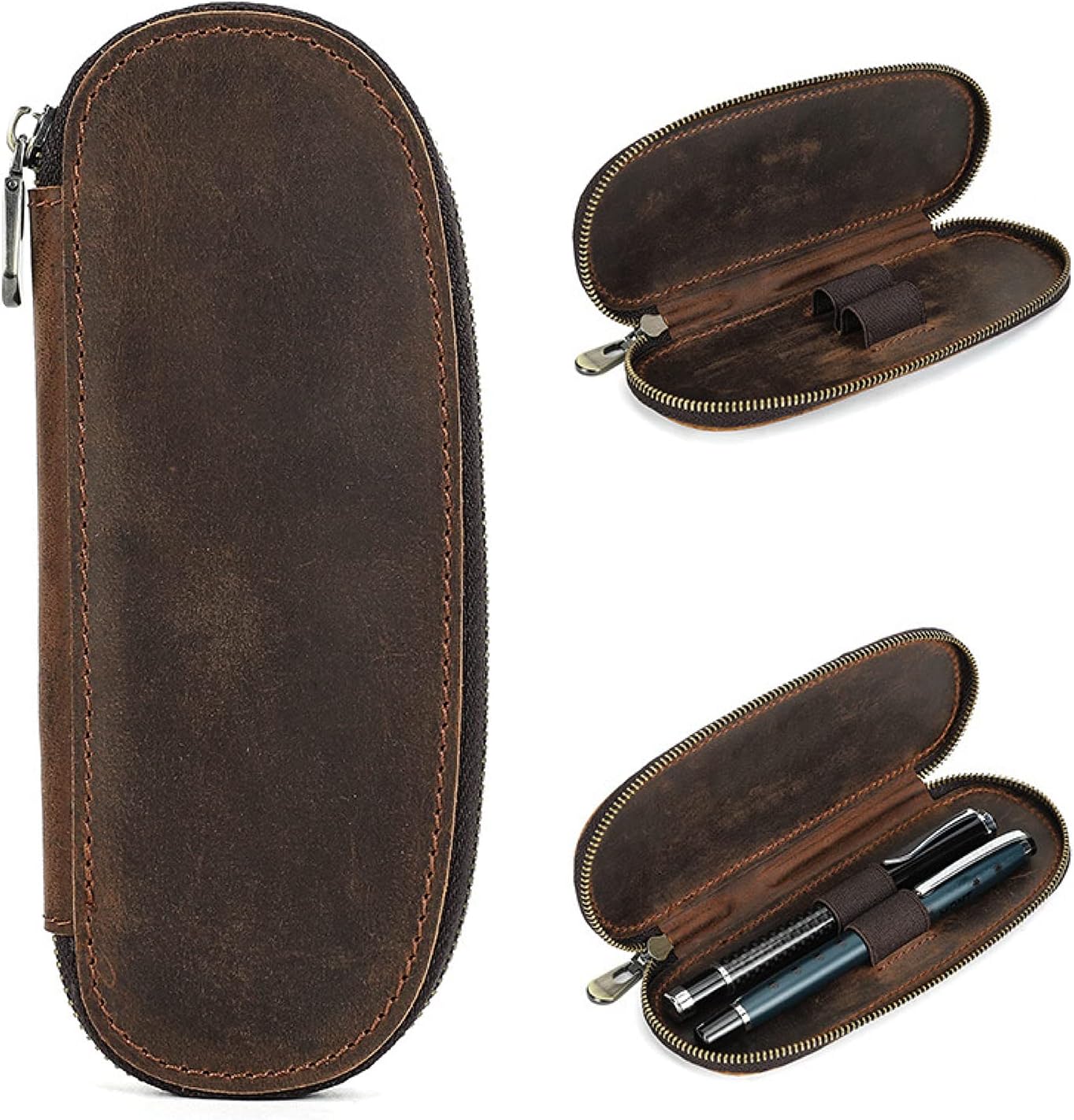 Amazon.com: CataPurus Top Grain Genuine Leather 2 Pen/Pencil Case Bag ...