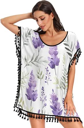 Qinllo Lavender Leaves Swimsuit Coverup for Women Plus Size Swimsuit ...