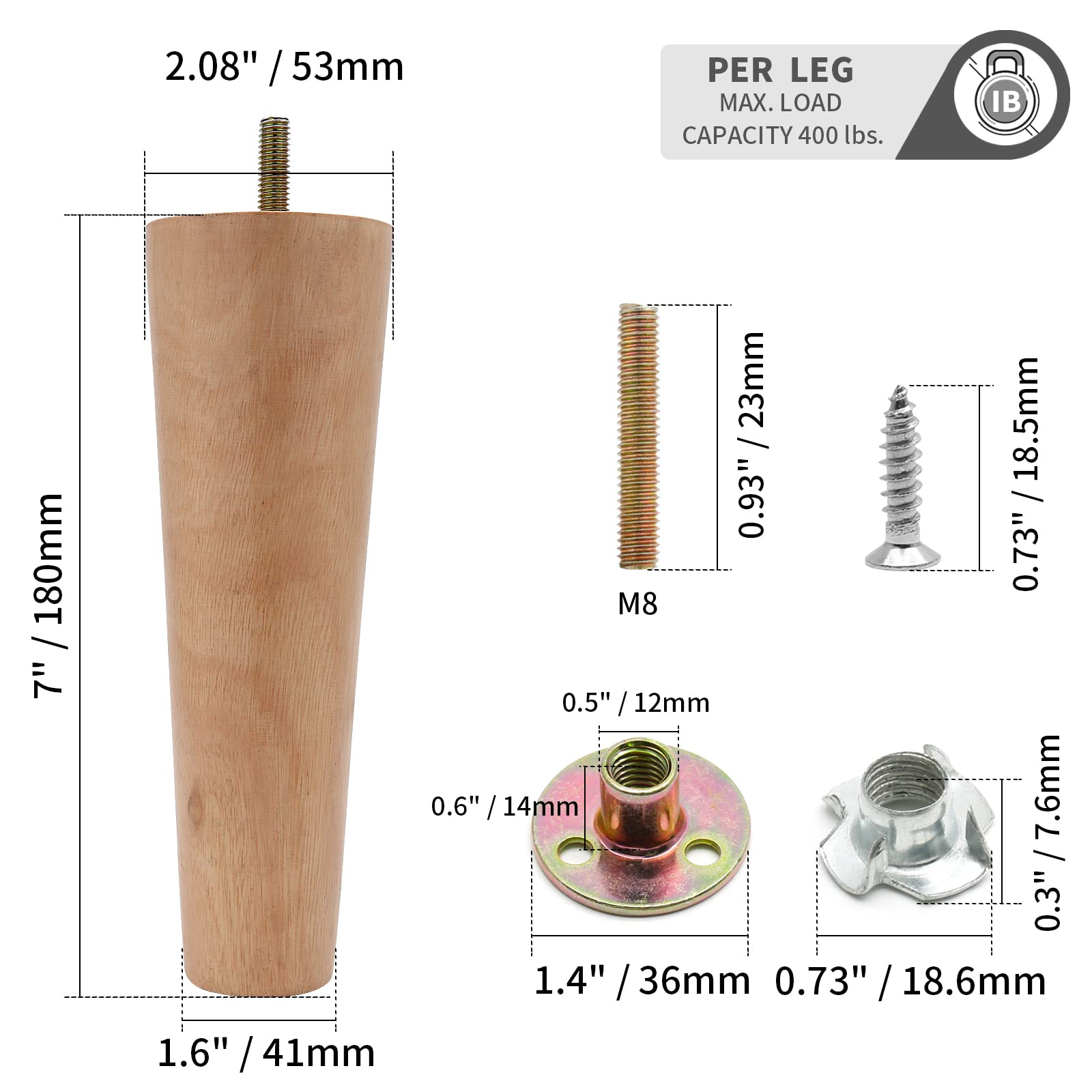Snapklik.com : 4pcs 7 Inch Wood Furniture Legs, Straight Conical Solid ...