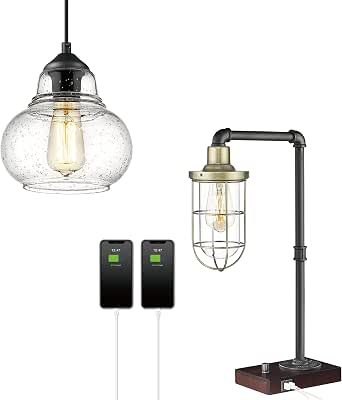 ELYONA Industrial Desk Lamp with USB Type-C Charging Port & Hand Blown ...