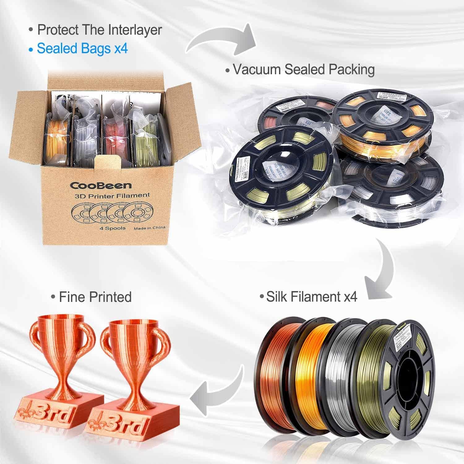 Review CooBeen Silk PLA Filament 1.75mm Bundle,Metallic 3D Printer ...
