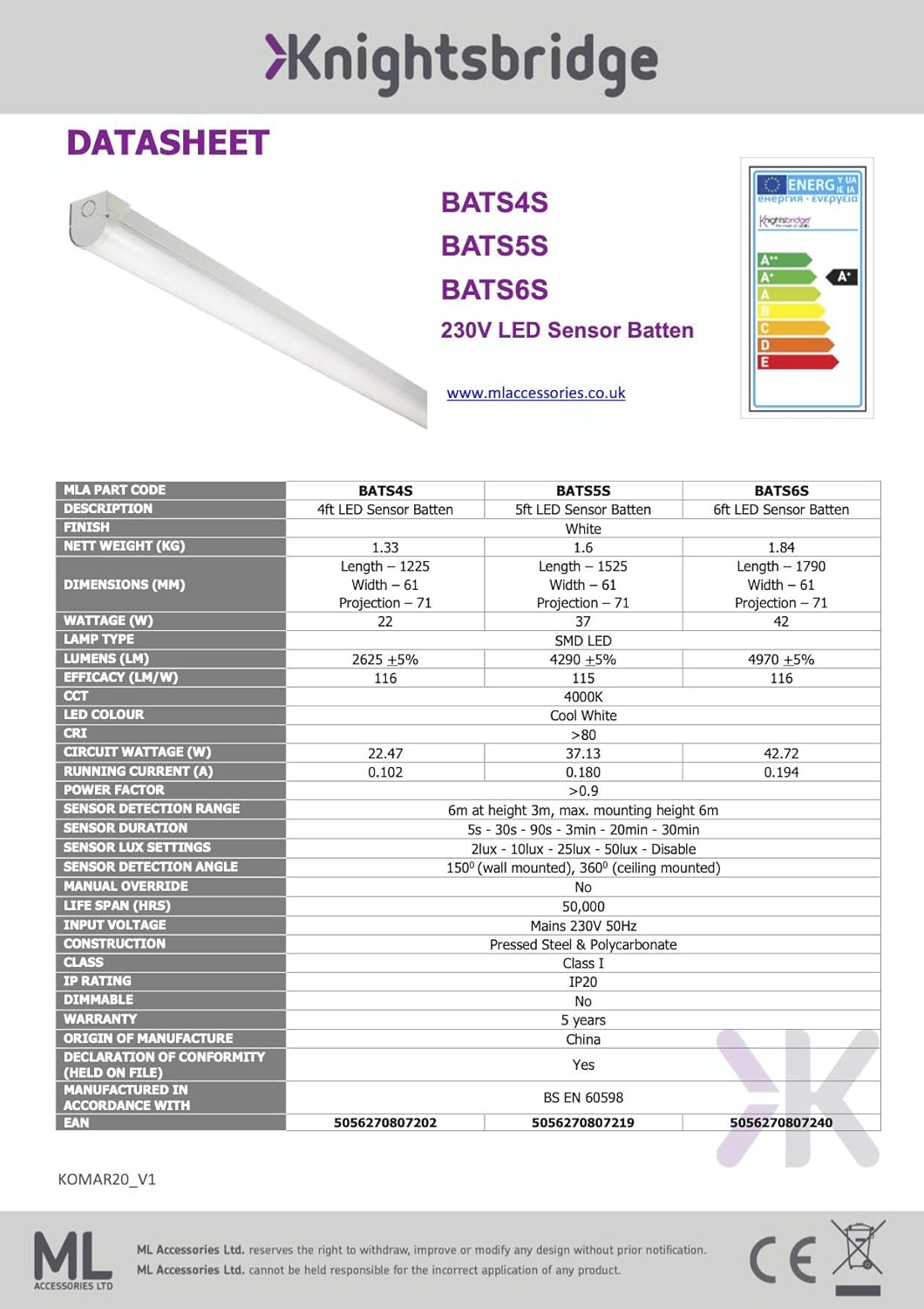 6ft 42W LED Sensor Batten- 4000K – BigaMart