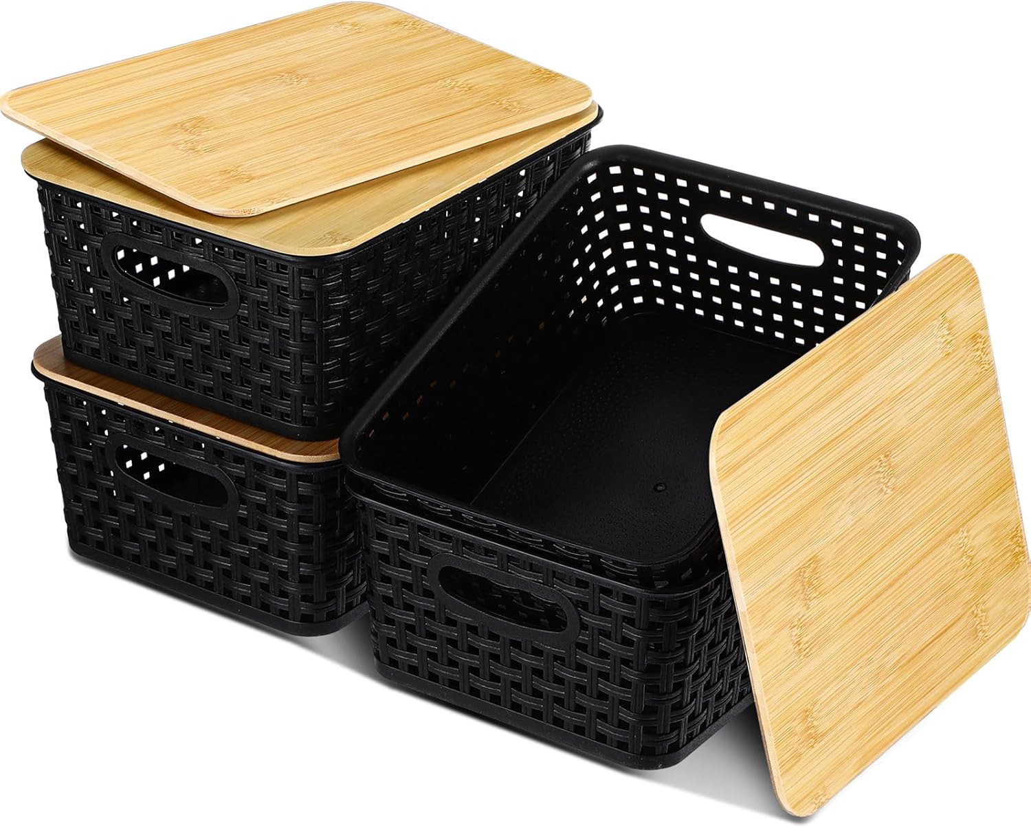 Amazon.com - Barydat 4 Pack Plastic Storage Baskets with Bamboo Lid ...
