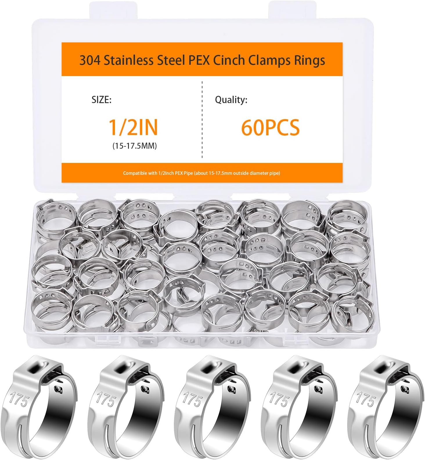 Single Ear Hose Clamps - 115 pcs, 10 Sizes, 304 Stainless Steel ...