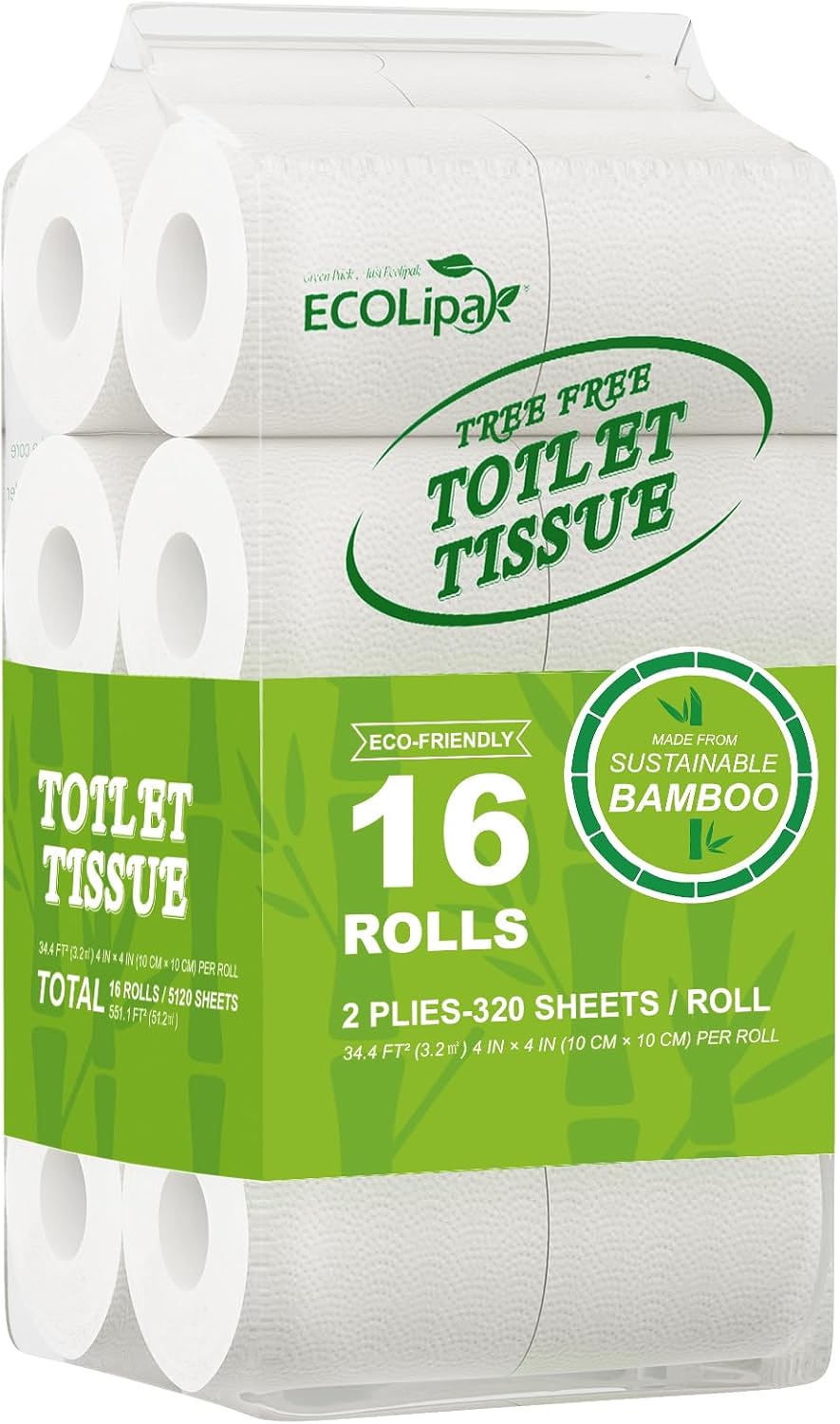 Amazon.com: ECOLipak Bamboo Toilet Paper, Septic Safe Toilet Tissue, 16 ...