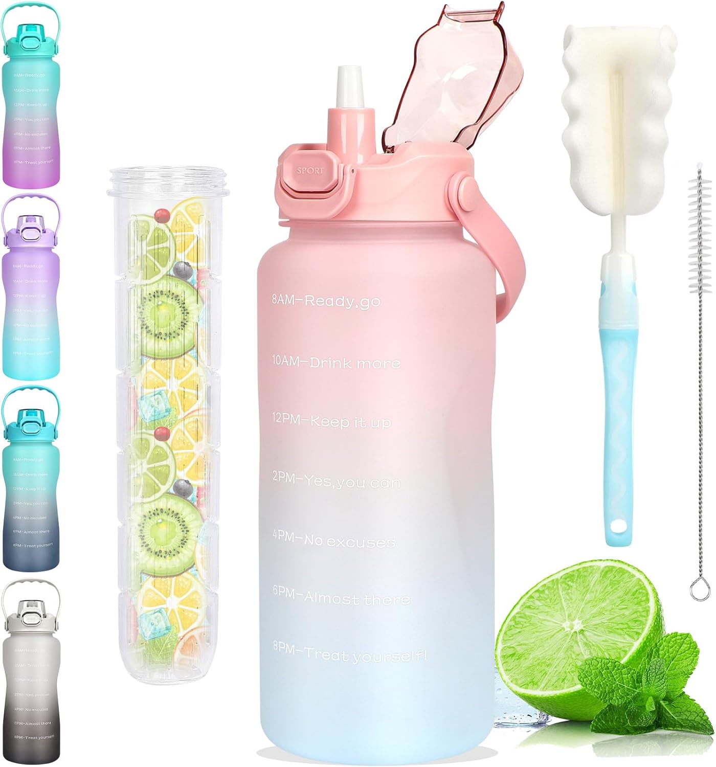 Botellas de agua de 64 onzas con popote e infusor de frutas, botella de ...