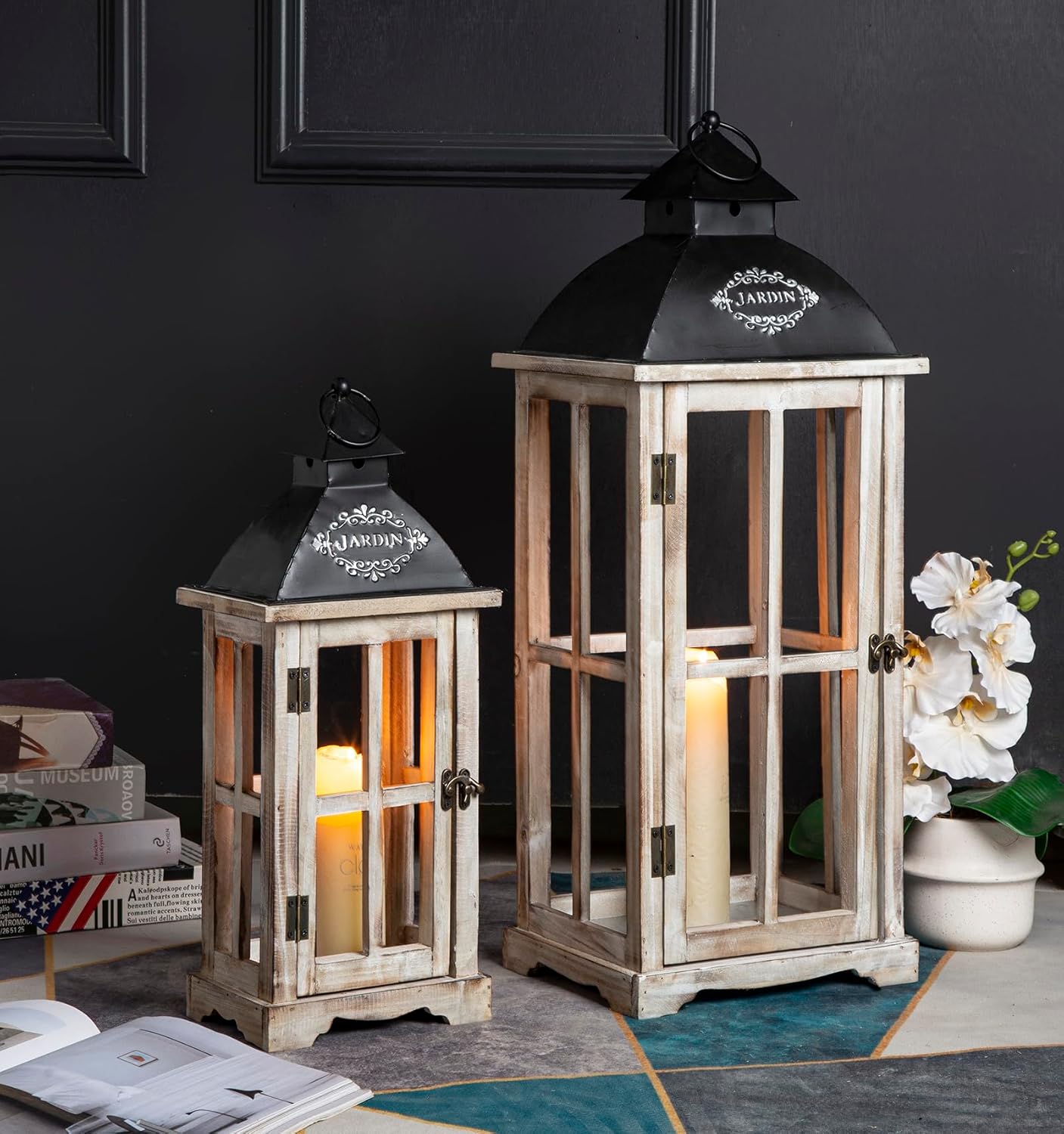 Amazon.com: Set of 2 Large Decorative Wooden Metal Lanterns, Farmhouse ...