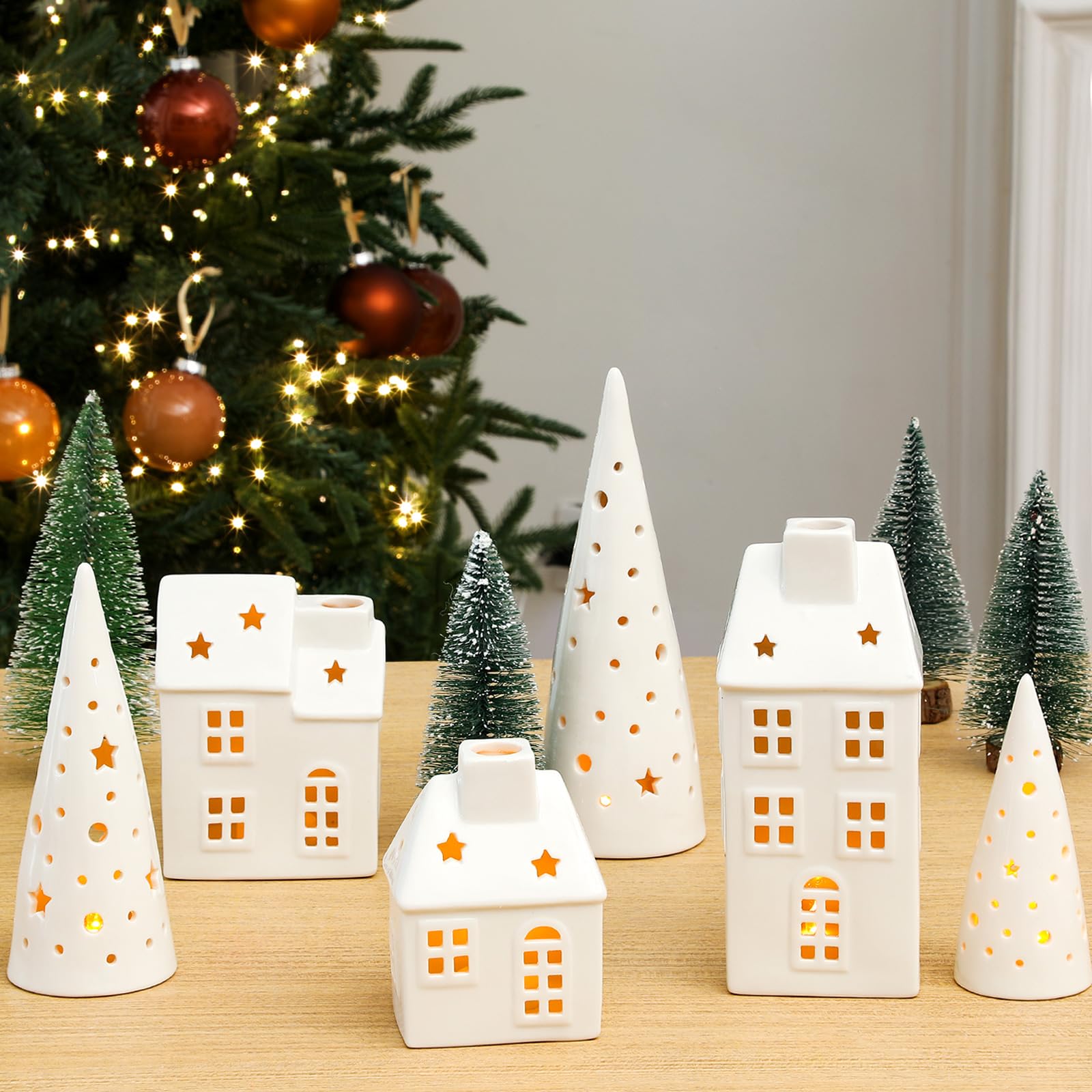 Amazon.com: Newtay 13 Pcs Lighted Christmas Village Set Including 3 ...
