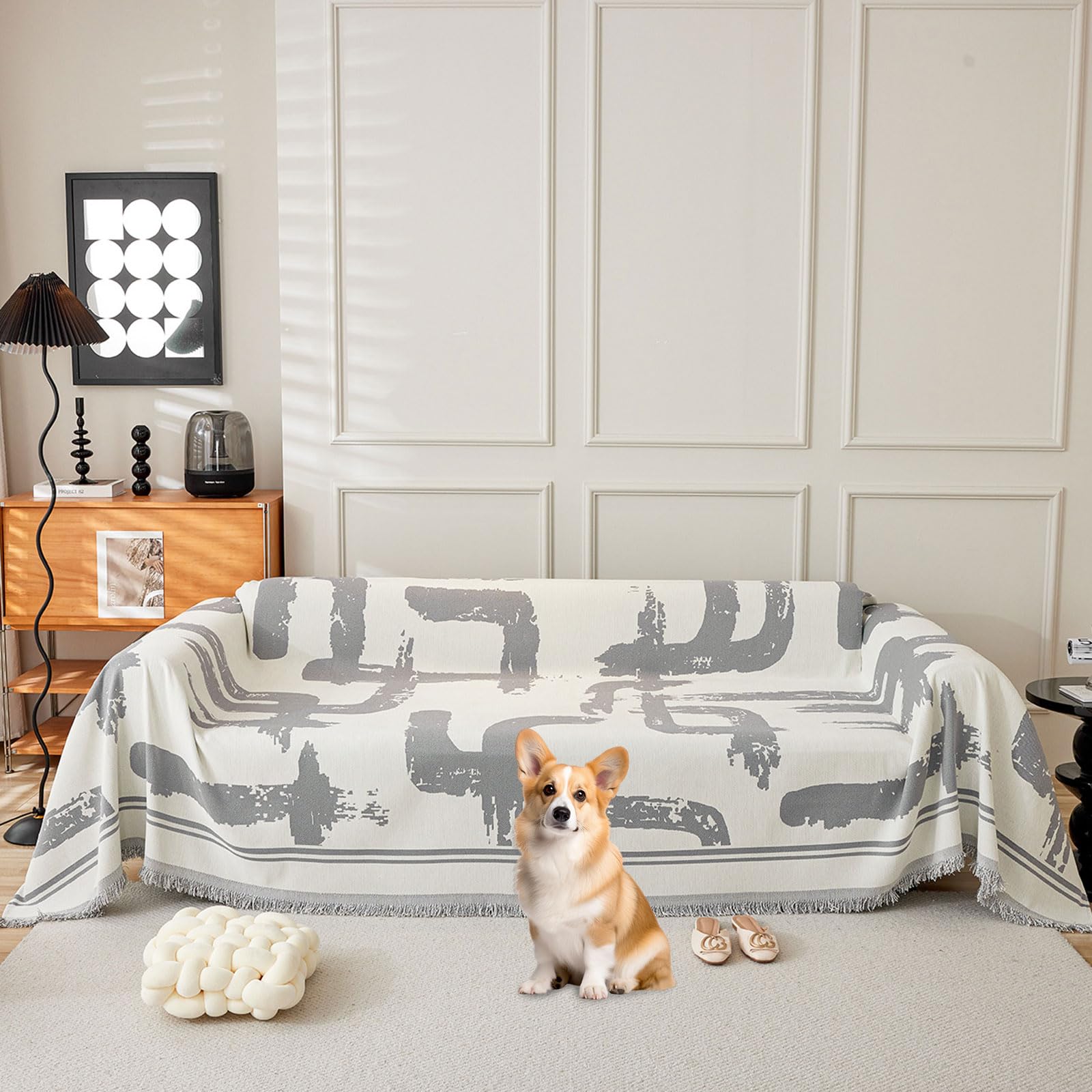 Amazon.com: ROOMLIFE Grey Boho Stripped Couch Cover, Modern Abstract ...