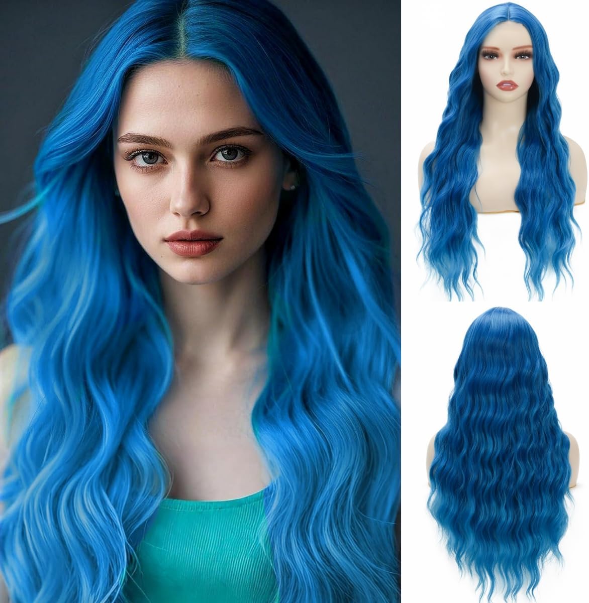 Amazon.com : Daiaces Long Blue Wigs for Women Middle Part Wavy Lace ...