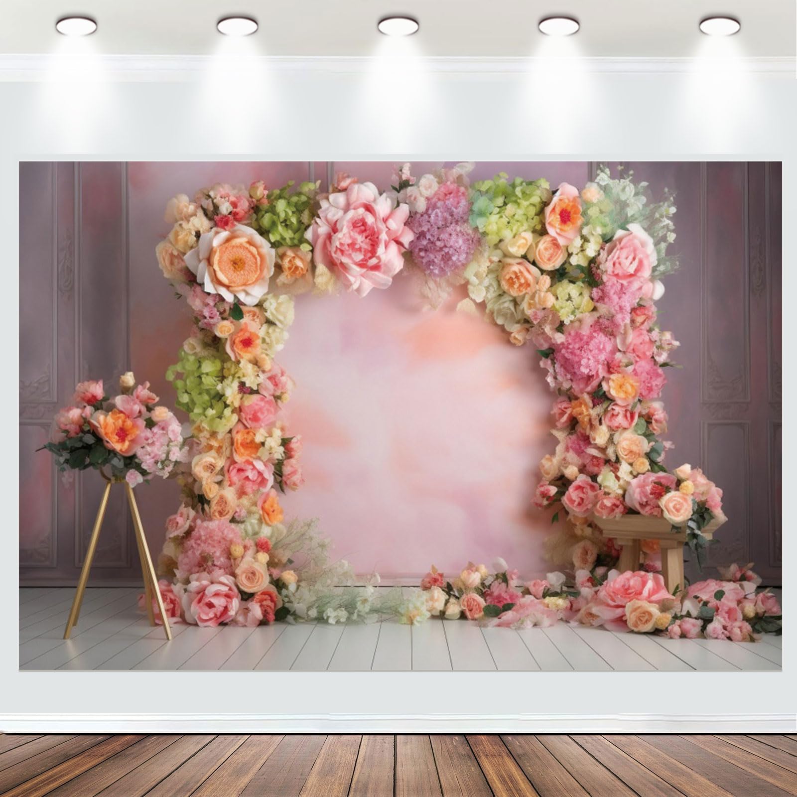 Amazon.com : Fabric 7x5ft Flower Wall Backdrop Pink Floral White Wood ...