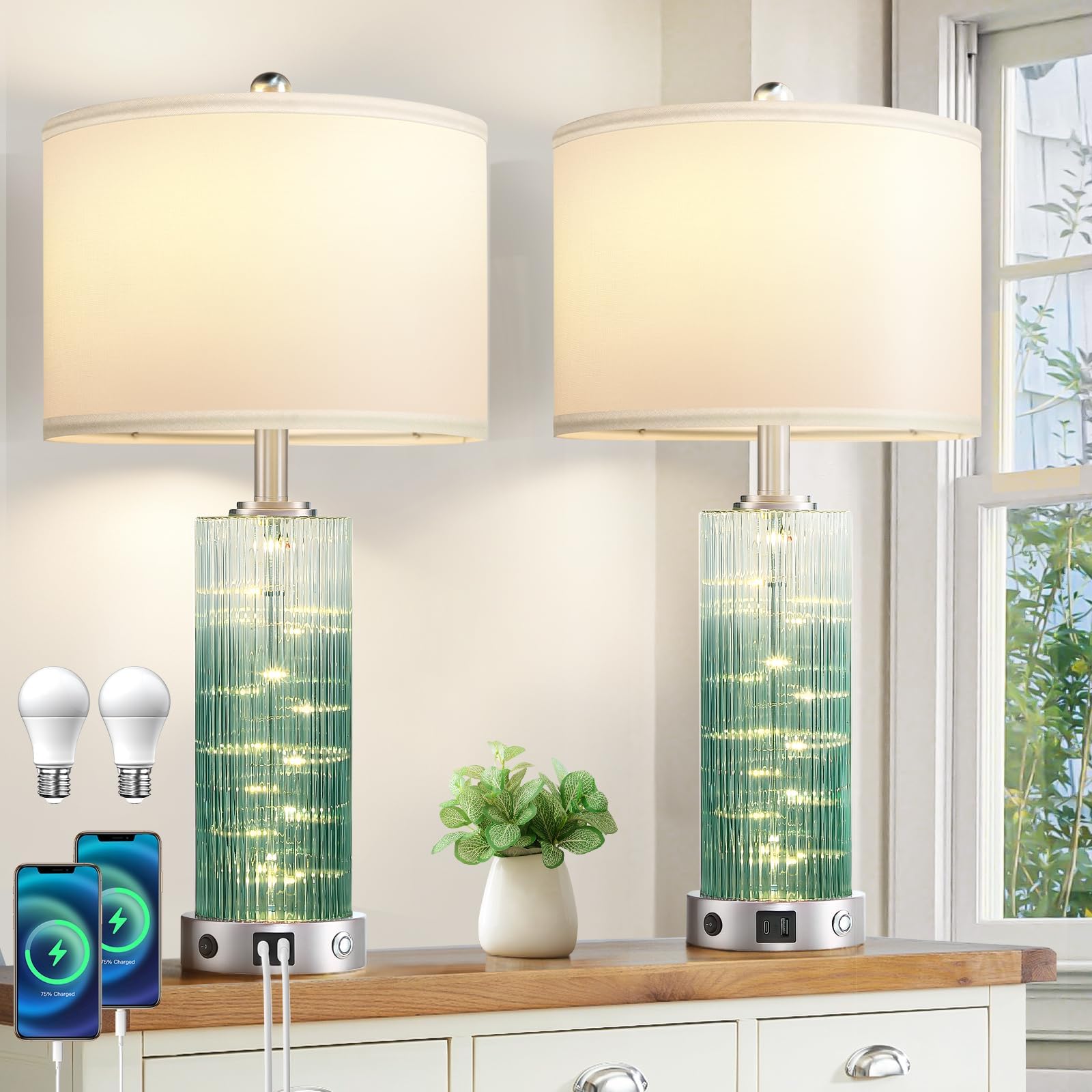 Spclsim 25.5" Glass Touch Table Lamps Set of 2 with Night Light, Modern ...