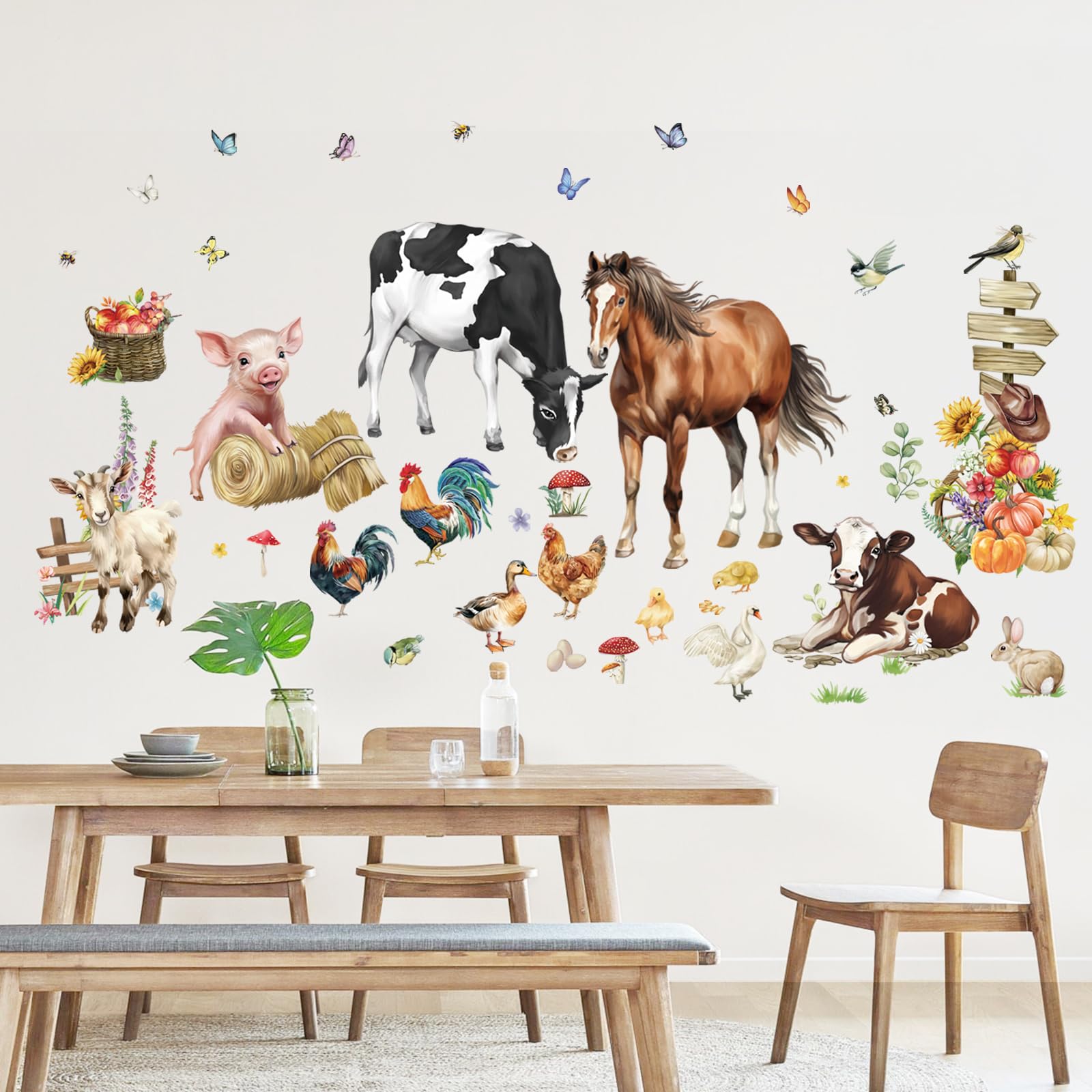 wondever Farm Animals Cow Horse Wall Stickers Farmhouse Roosters Peel ...