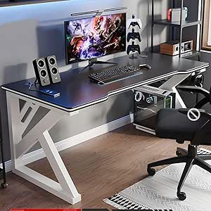 Amazon.com: KWOKING Wooden Office Desk Rectangular Computer Desk Metal ...