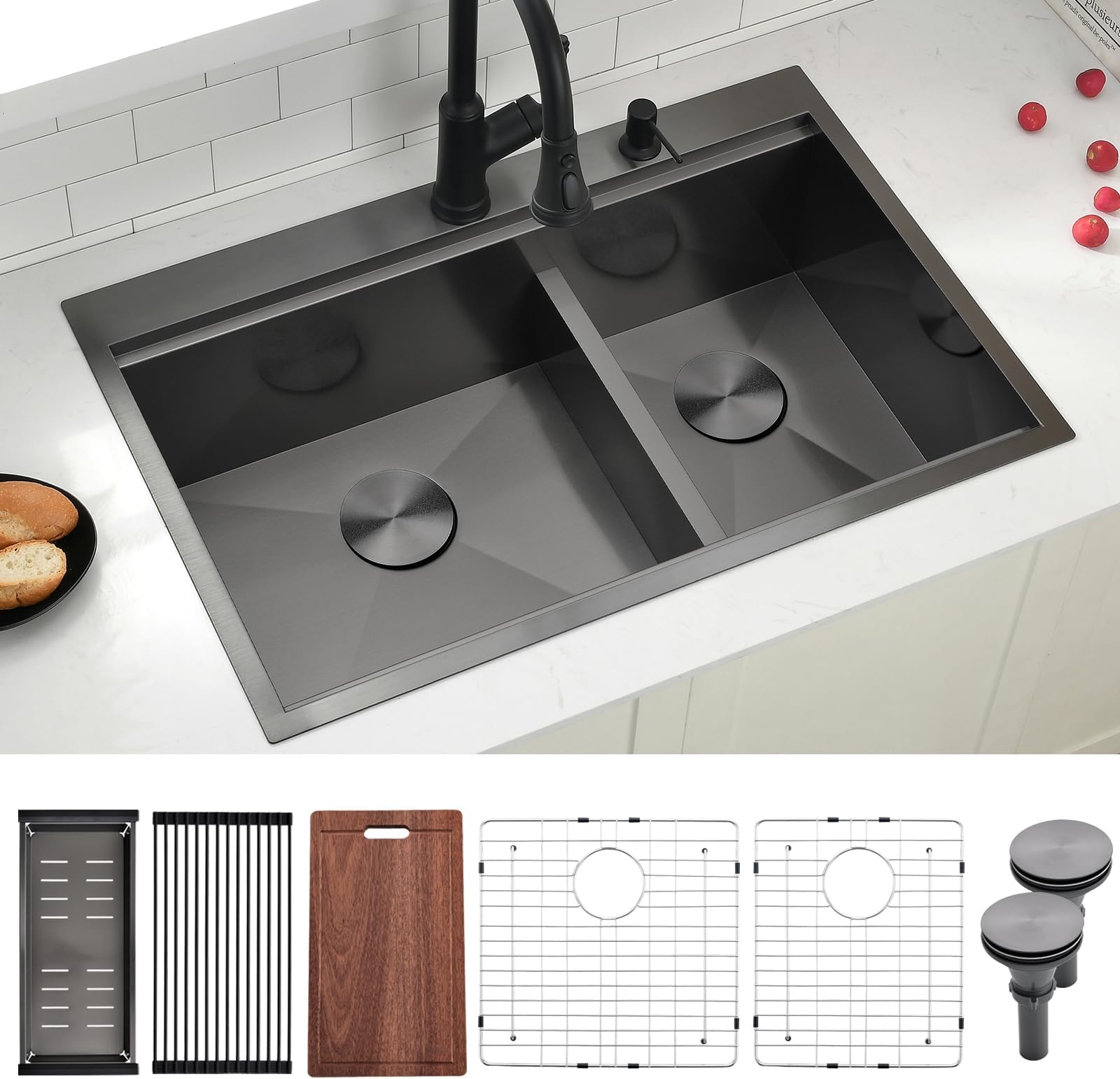 33 Black Undermount Double Bowl Kitchen Sink, Dorzom 33" x 17" x 9 ...