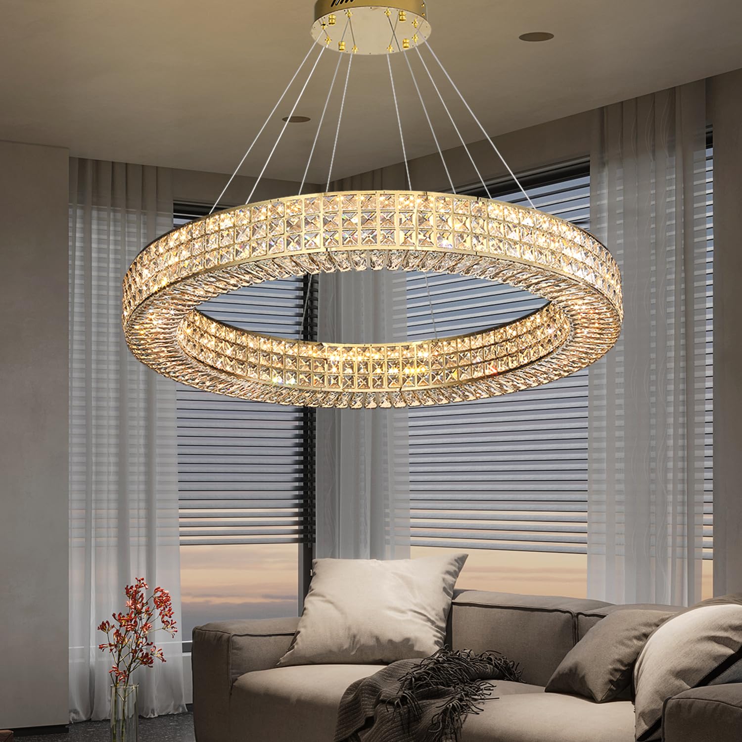 Gold Led 40" Ring Crystal Chandelier Hanging Lighting Ceiling Light ...