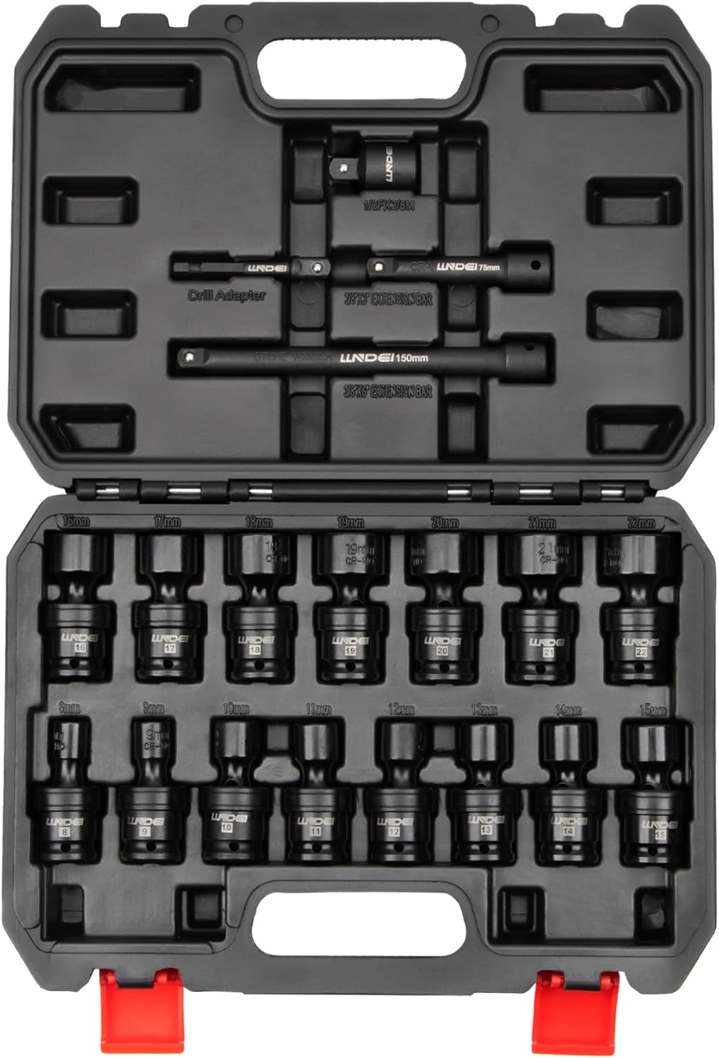 LLNDEI 3/8" Drive Universal Impact Socket Set, 19 Pieces CR-MO Swivel ...