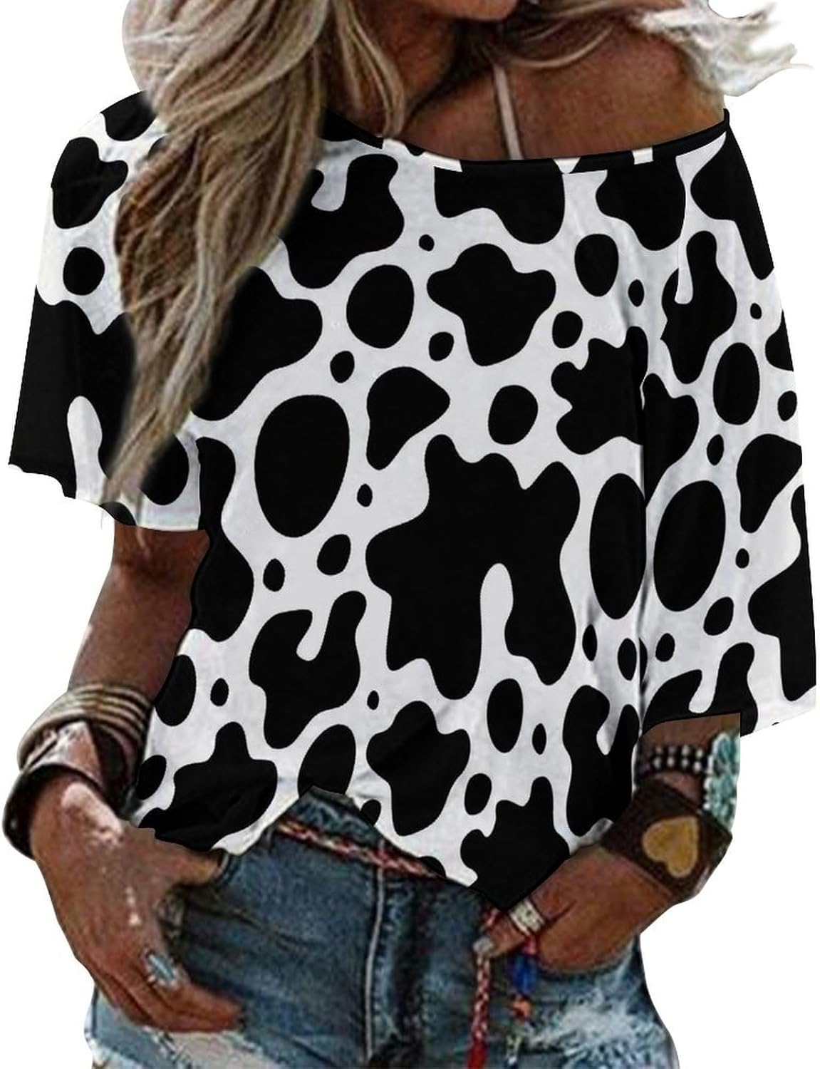 White Milk Cow Print Women's T-Shirt Mid Sleeve Tops Loose Fit Straight ...
