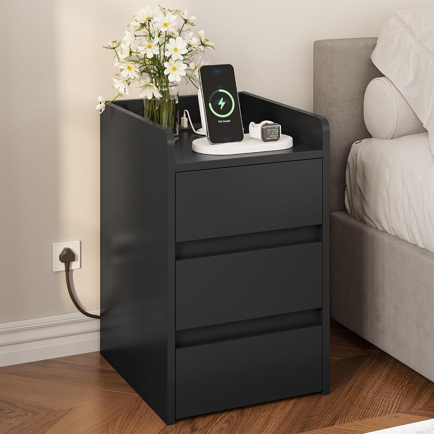 YITAHOME Bedside Table with 3 Drawers and Power Station, Modern ...