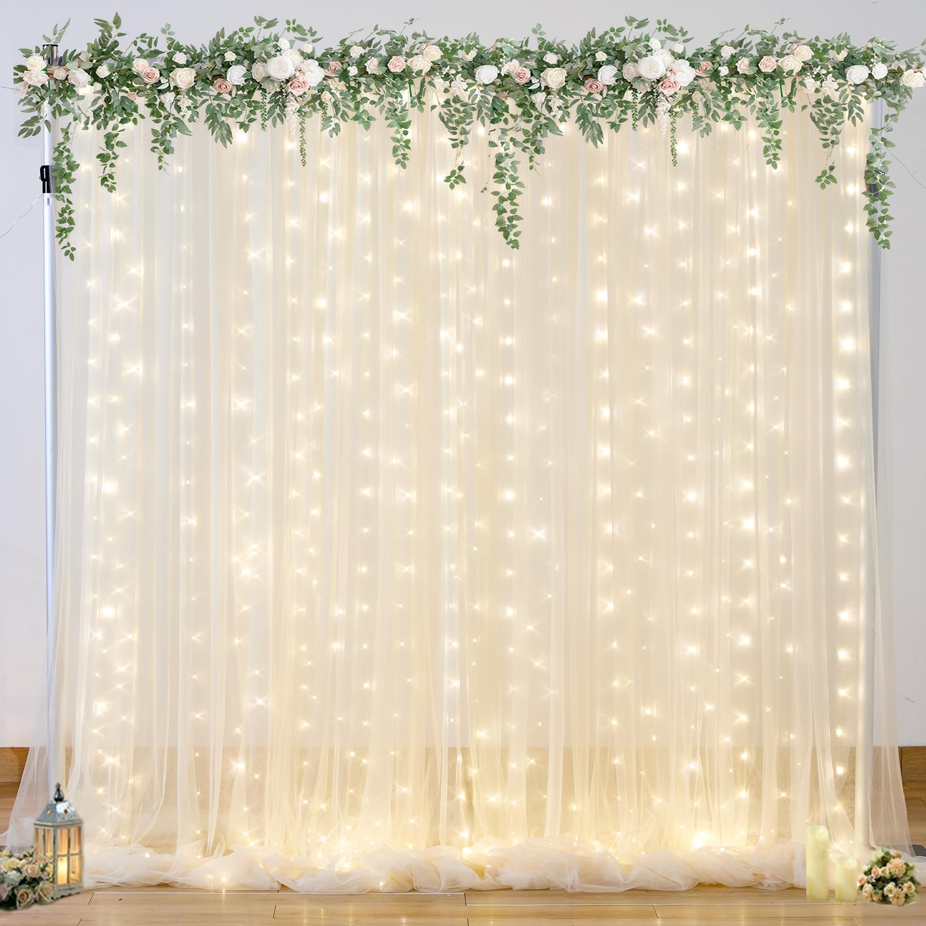 Amazon.com: Beige Tulle Backdrop with Lights String 2 Panels 5×10ft ...