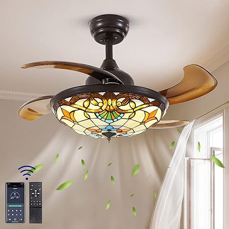 APBEAMLighting 36" Tiffany Retractable Ceiling Fan Stained Glass ...