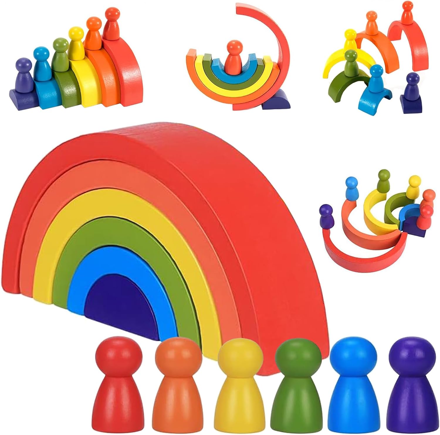 DHinkyoung 12 Pcs Wooden Rainbow Stacking Toys, Montessori Arch Bridge ...