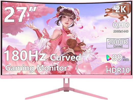 Amazon.com: Raywego Pink 27 inch Curved Gaming Monitor 180Hz,QHD 1080P ...