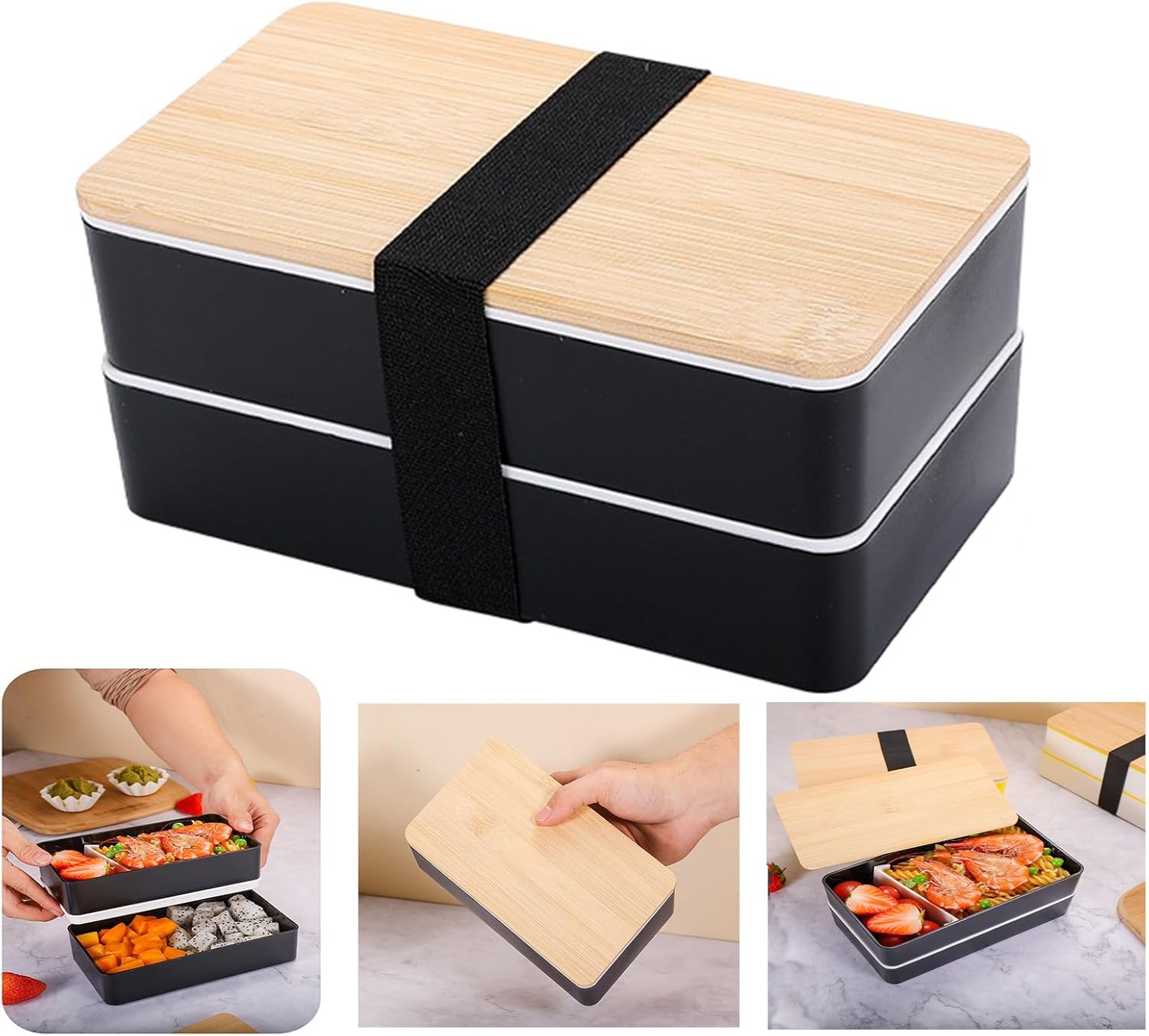 Amazon.com: Bento Box Leak Proof and Easy To Clean Bamboo Lid Double ...
