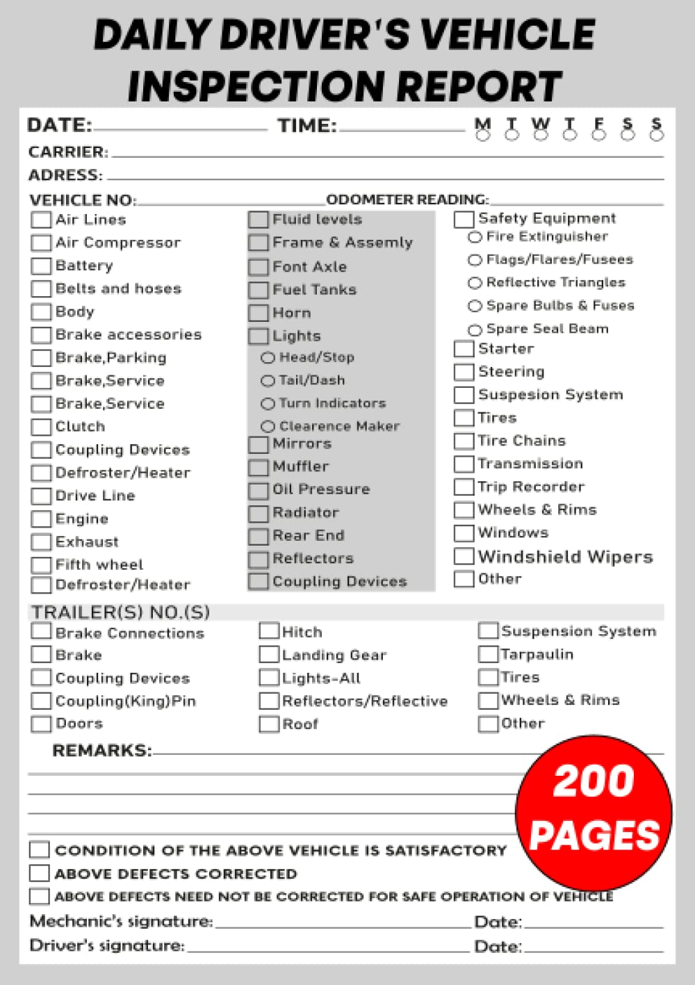 Driver Daily Vehicle Inspection Report: Daily Driver's Vehicle ...