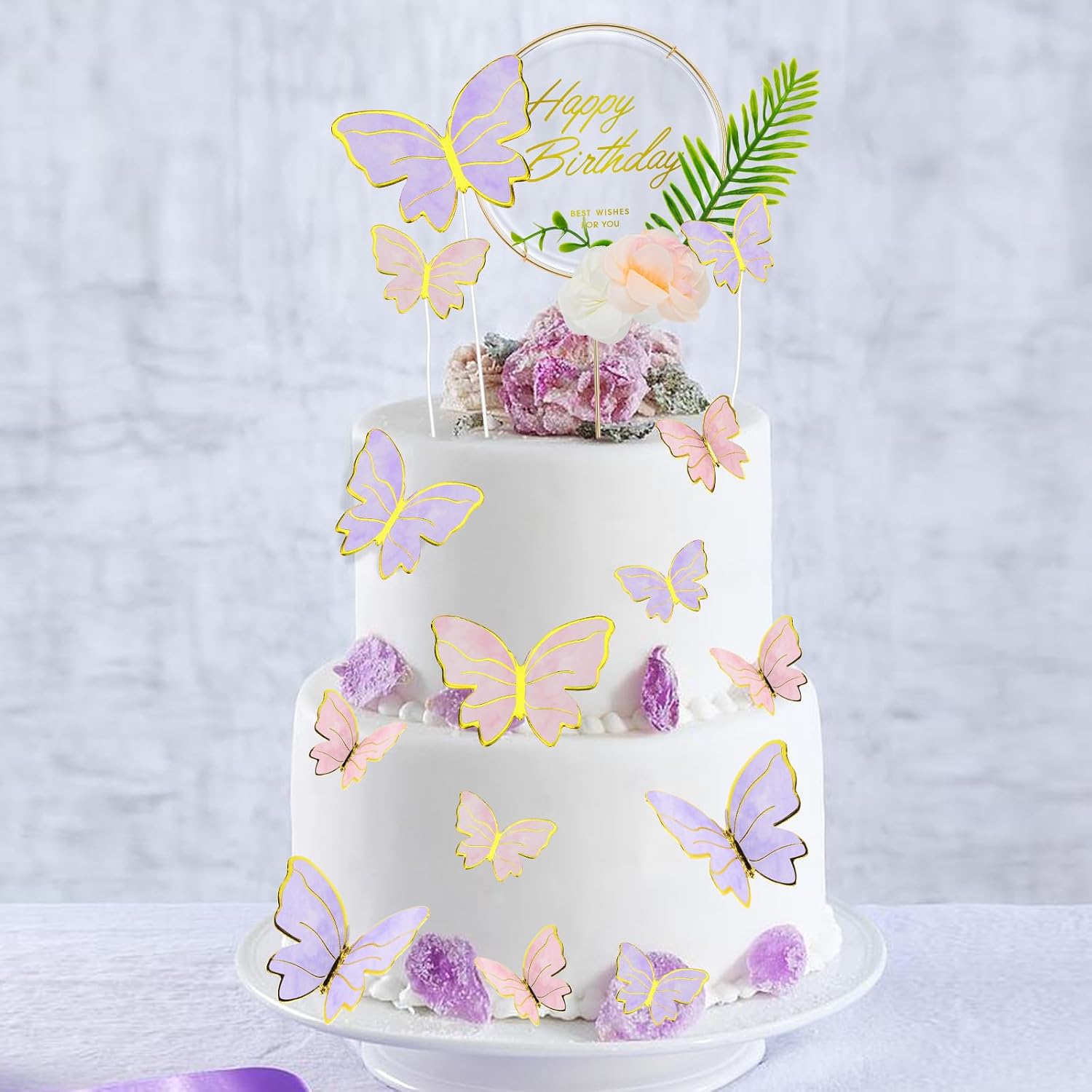 Amazon.com: 60Pcs Butterfly Cupcake Topper Pink Purple Gold,1 Big Happy ...