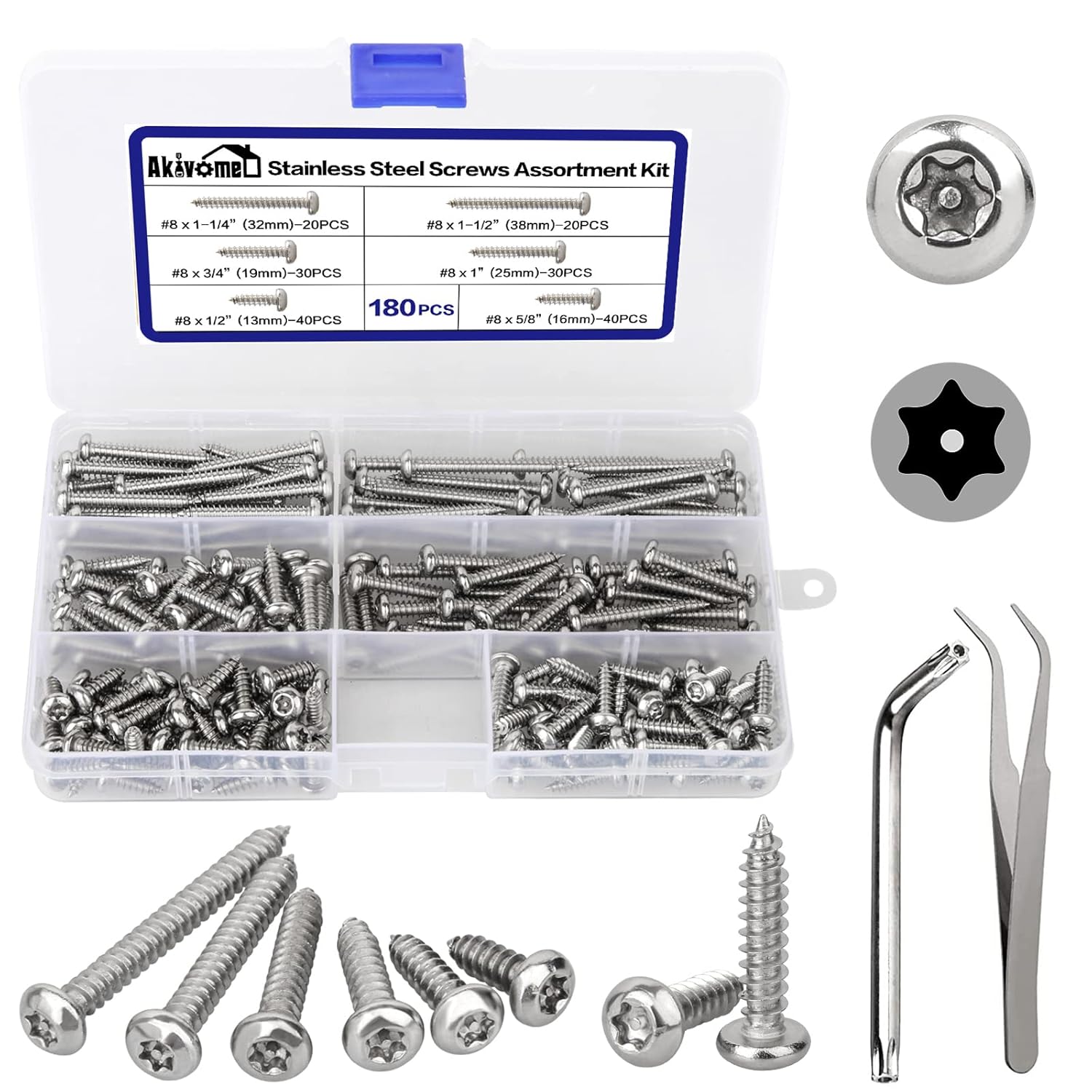 Amazon.com: Akivome 180 Pcs #8 Button Head Torx Security Screws 304 ...