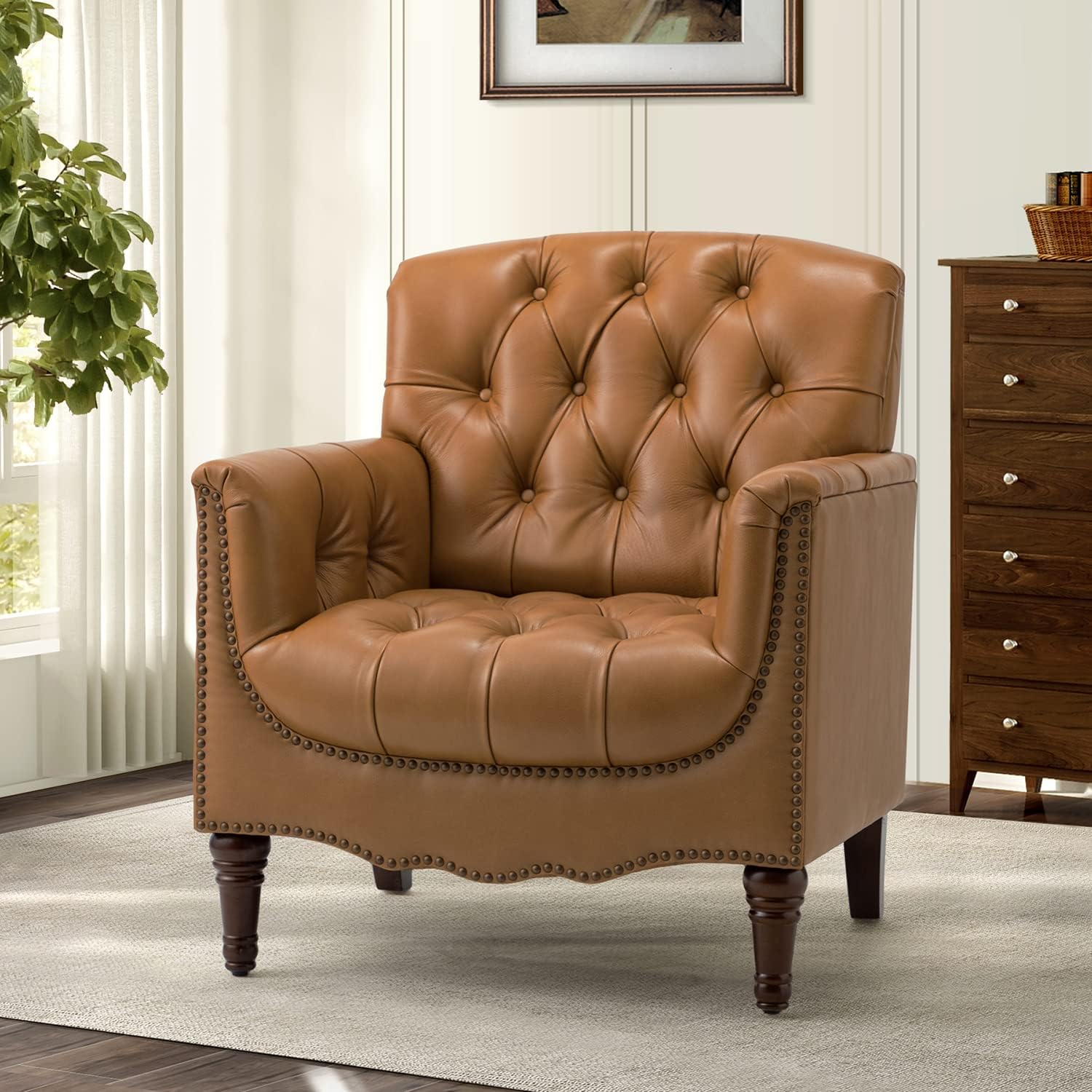 HULALA HOME Genuine Leather Armchair, Contemporary Leather Accent Chair ...
