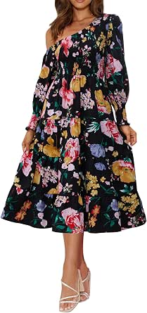 Women One Shoulder Floral Long Dresses - Long Sleeve Casual Dresses ...