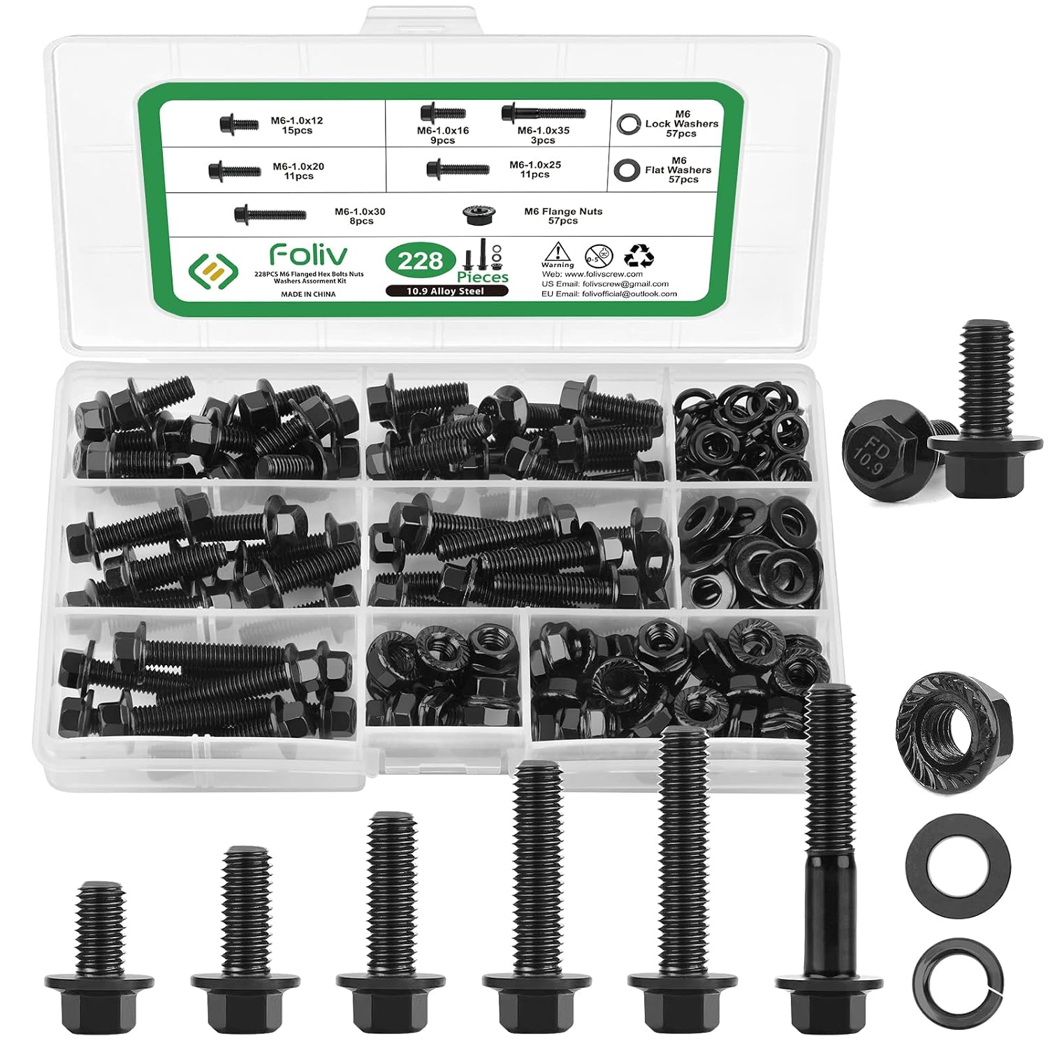 FOLIV M6 Flange Bolt, 228PCS M6-1.0 Hex Bolts Screws Nuts Washers ...