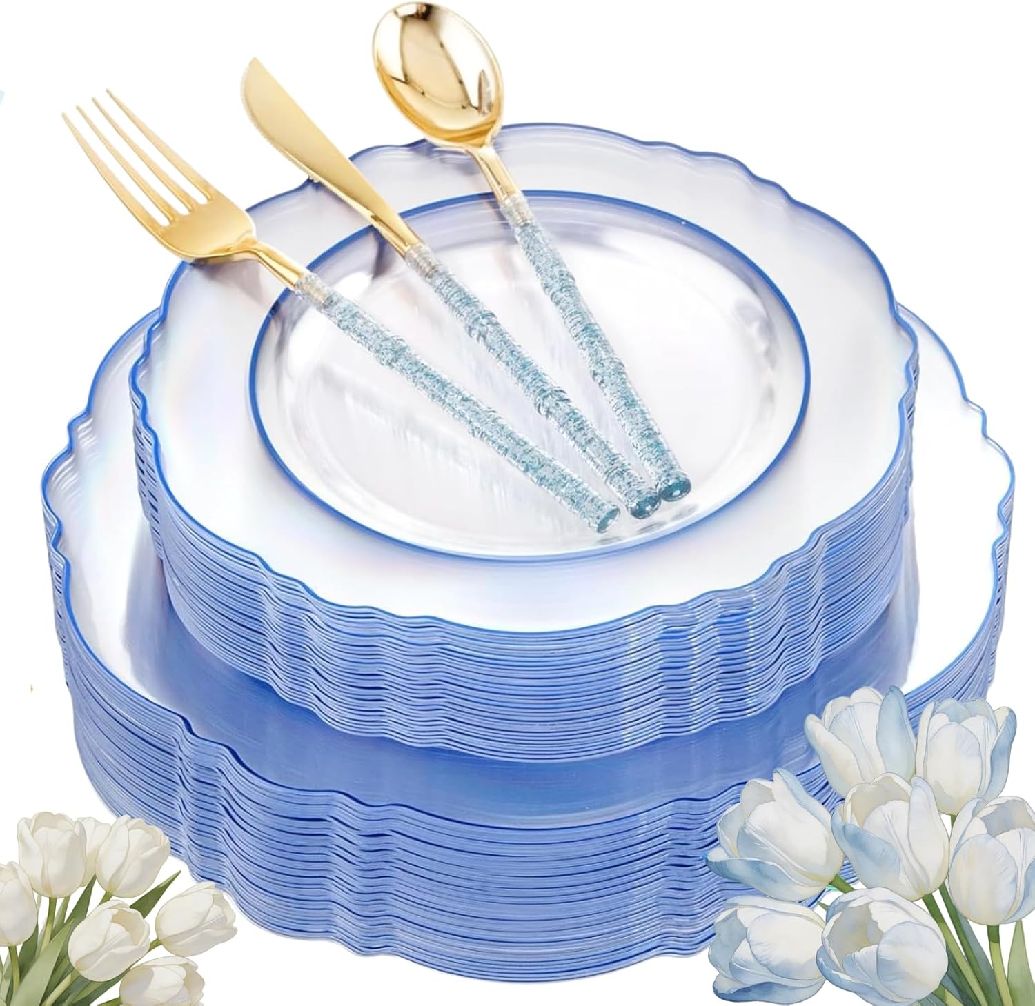 Amazon.com: Liacere 150PCS Clear and Blue Plastic Plates-Clear and Blue ...