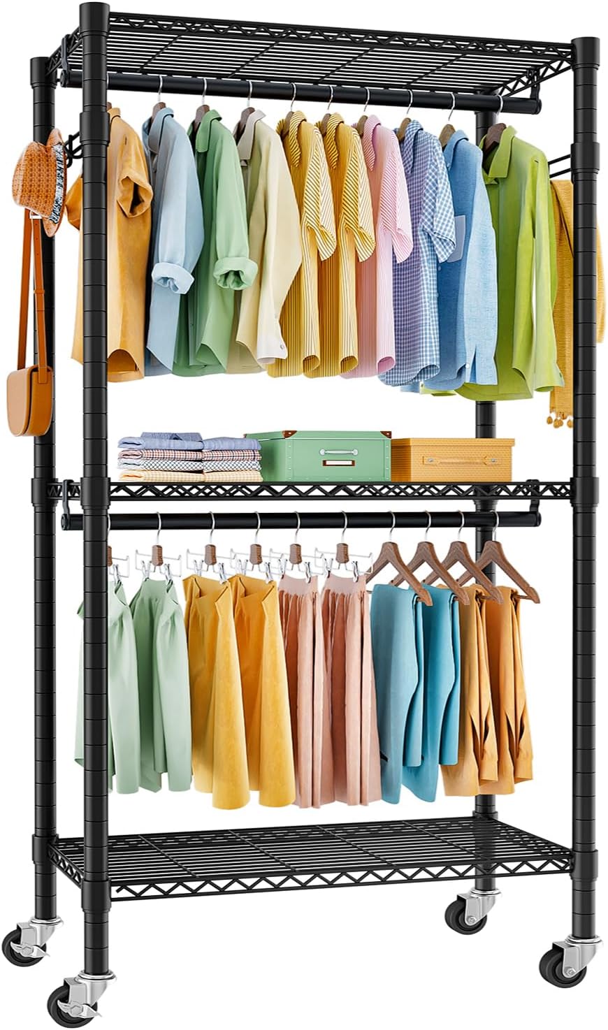 FTEYUET Clothes Rail with Storage Shelves, Heavy Duty Rolling Clothing ...