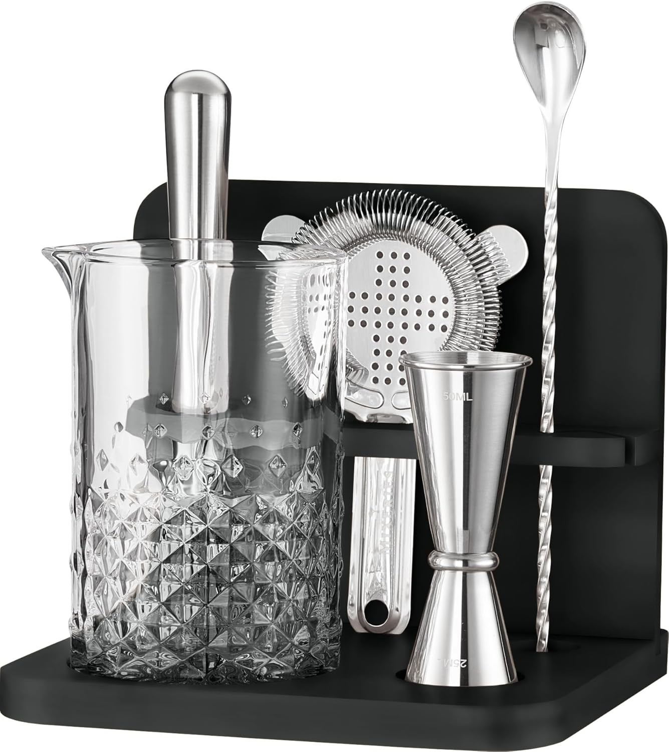 Amazon.com: Crystal Cocktail Mixing Glass Set with Bamboo Stand - 22 Oz ...