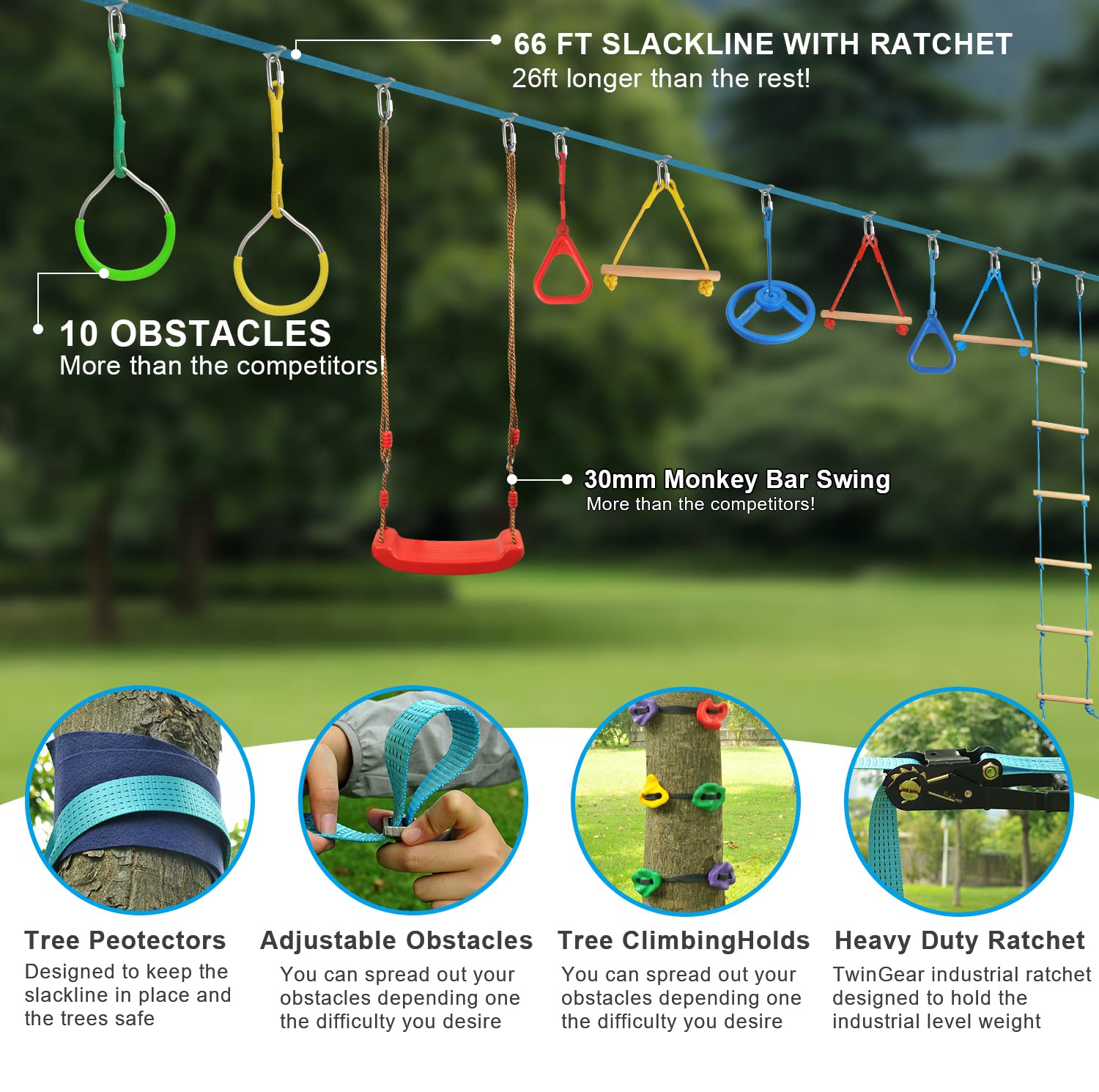 Buy hooroor Ninja Warrior Obstacle Course for Kids-66FT Slackline with ...