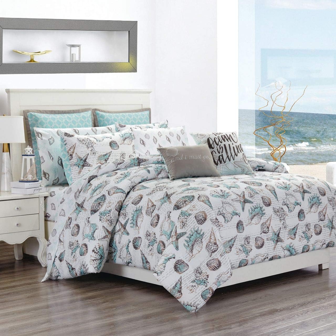 Amazon.com: KingLinen 11 Piece Seashells Aqua/Gray Reversible Comforter ...