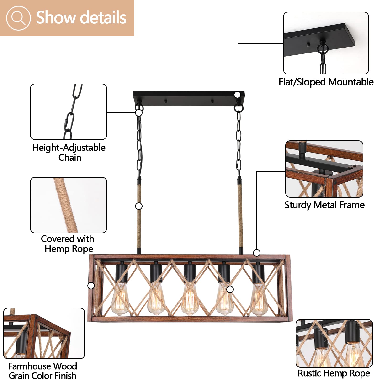 KEESFU Farmhouse Dining Room Light Fixture with Hemp Rope, Rustic ...