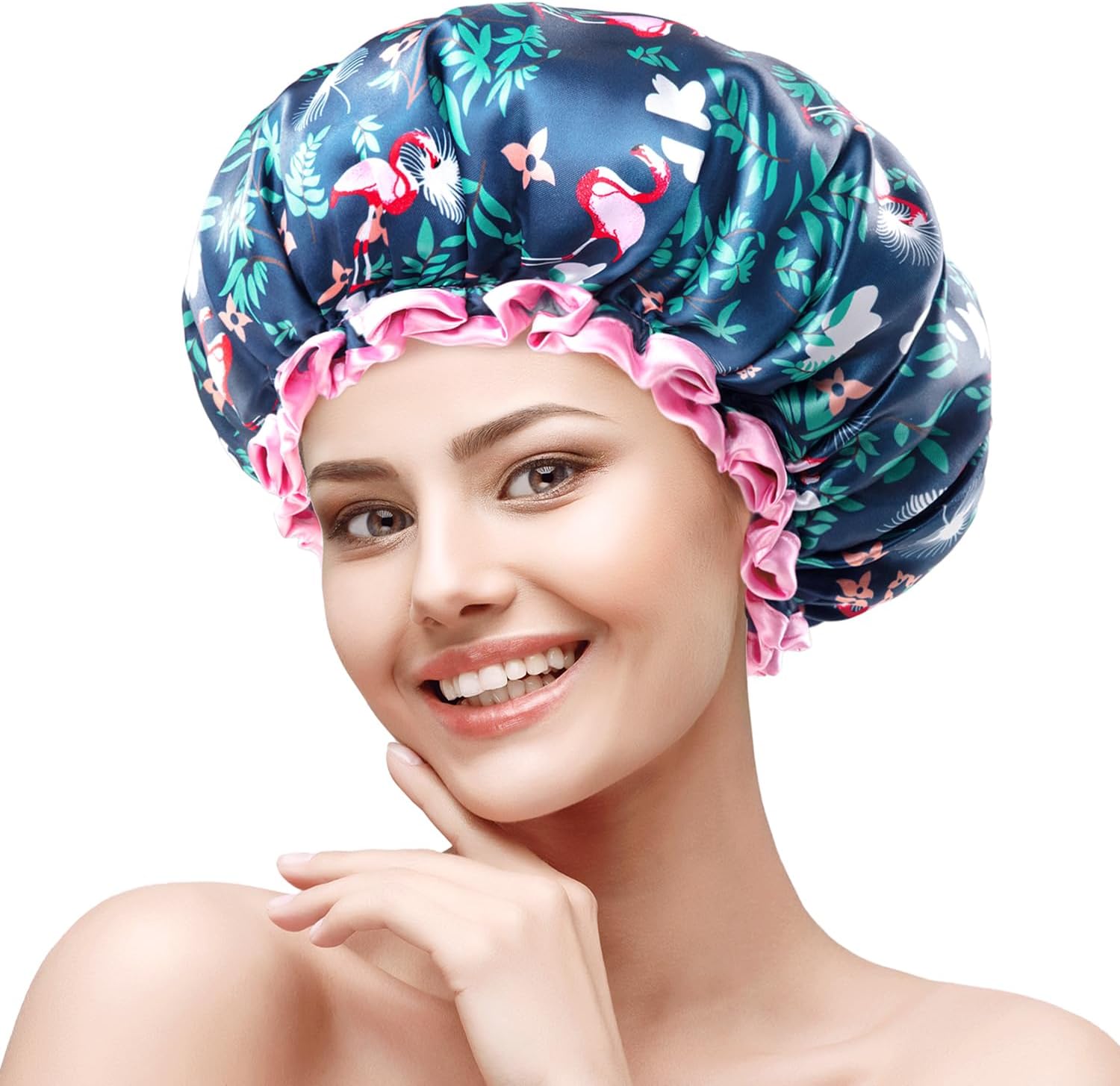 mikimini Medium Shower Cap for Girls and Women, Flamingo Shower Caps ...