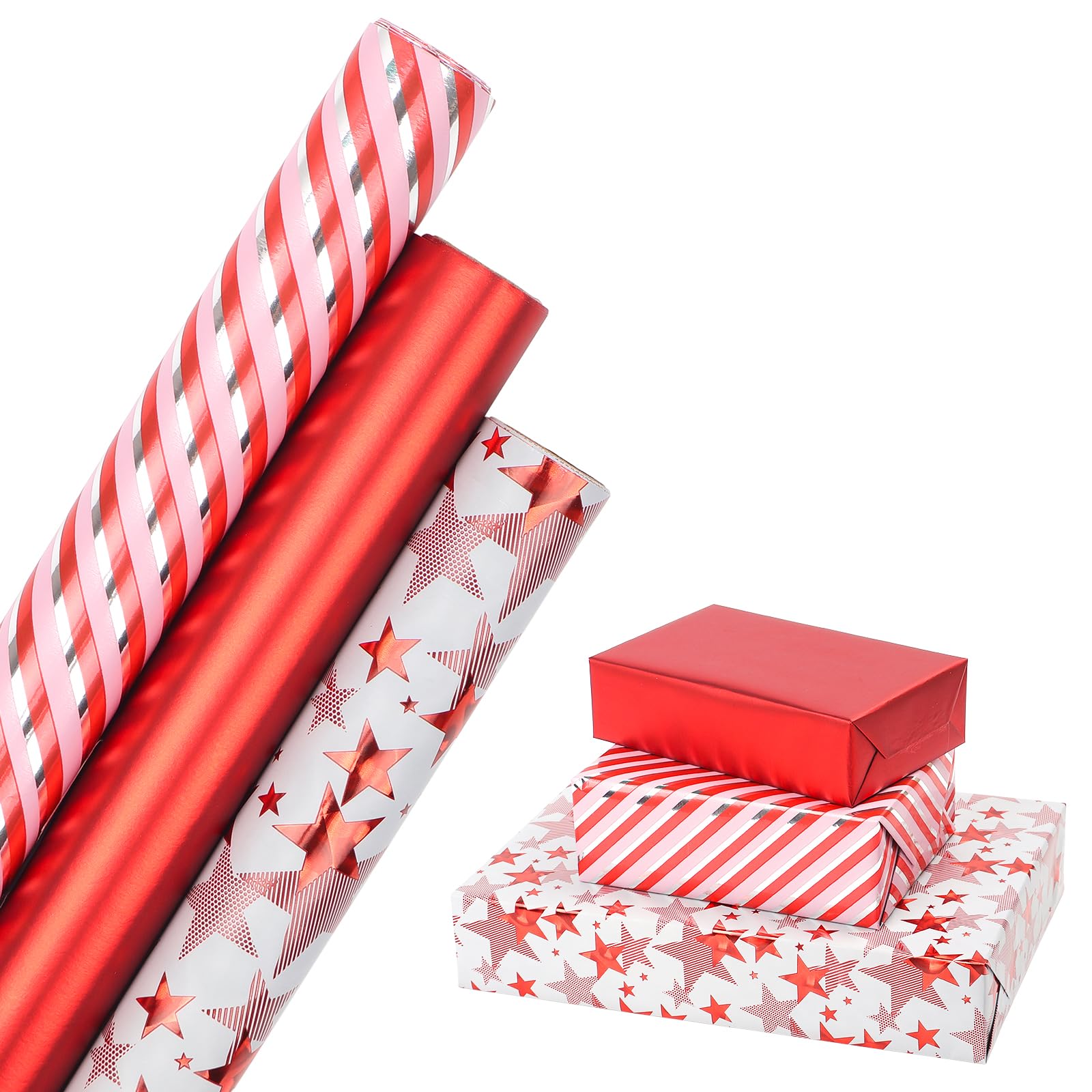 HBell Red Wrapping Paper Rolls,3 Rolls 43cm x 3m Red Metallic Wrapping ...